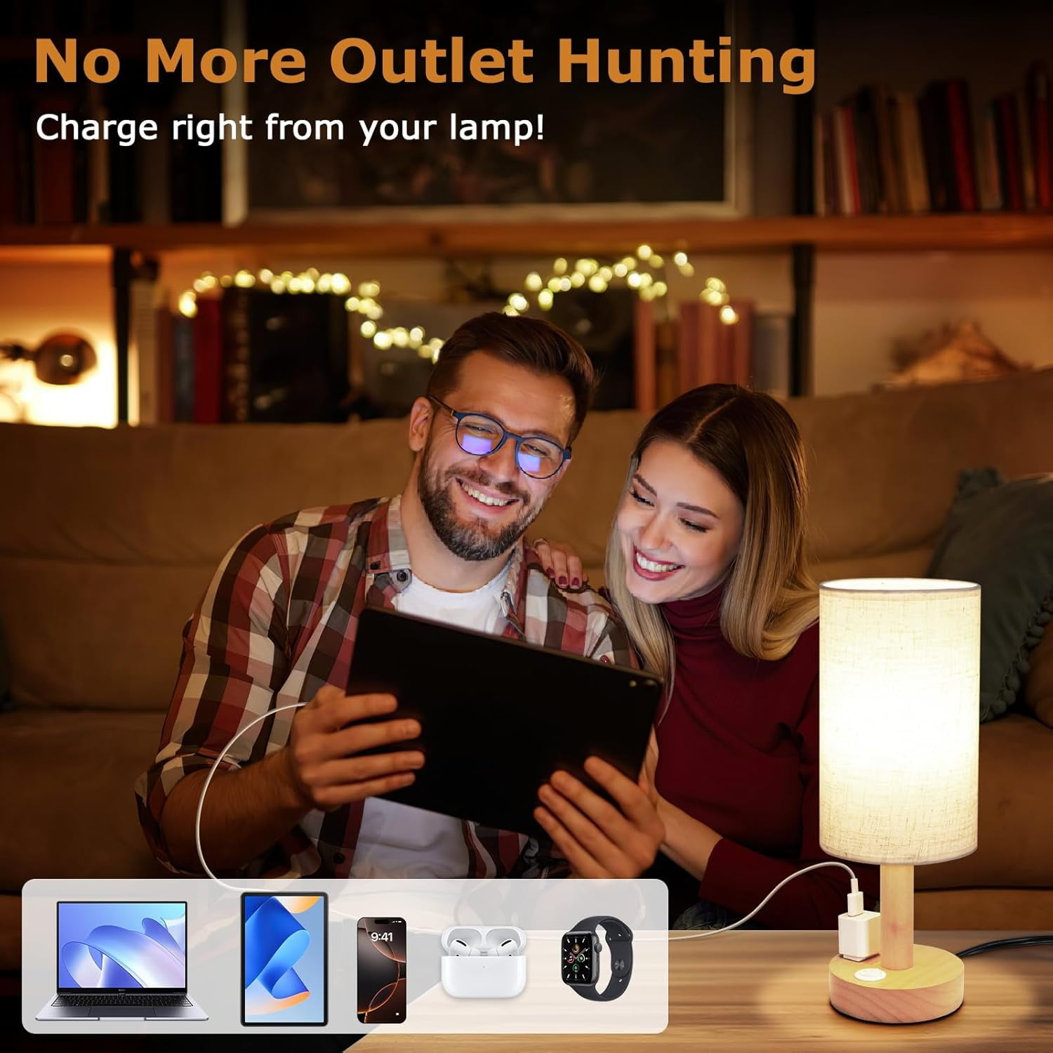JUNXIAO-Small Bedside Table Lamp with AC Outlet, Natural Wood Base ...