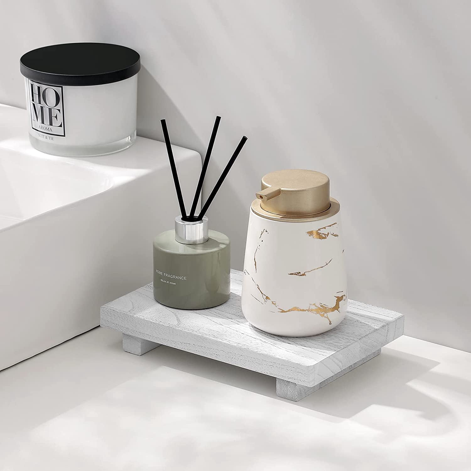 JUNXIAO-Small Wood Tray Pedestal Stand Farmhouse Bathroom Decor ...