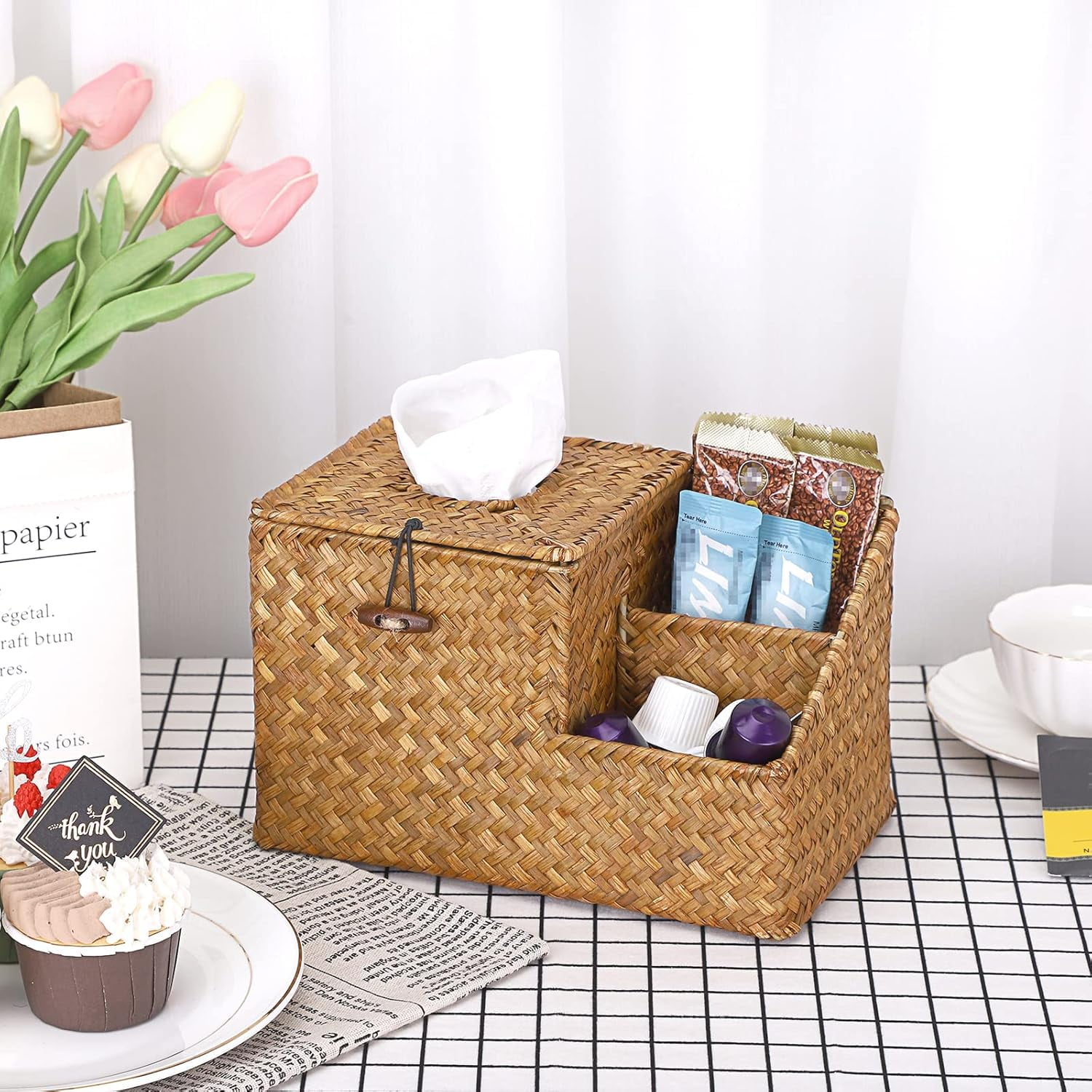 JUNXIAO-Square Woven Tissue Box Cover - Decorative Cube Tissue Box ...