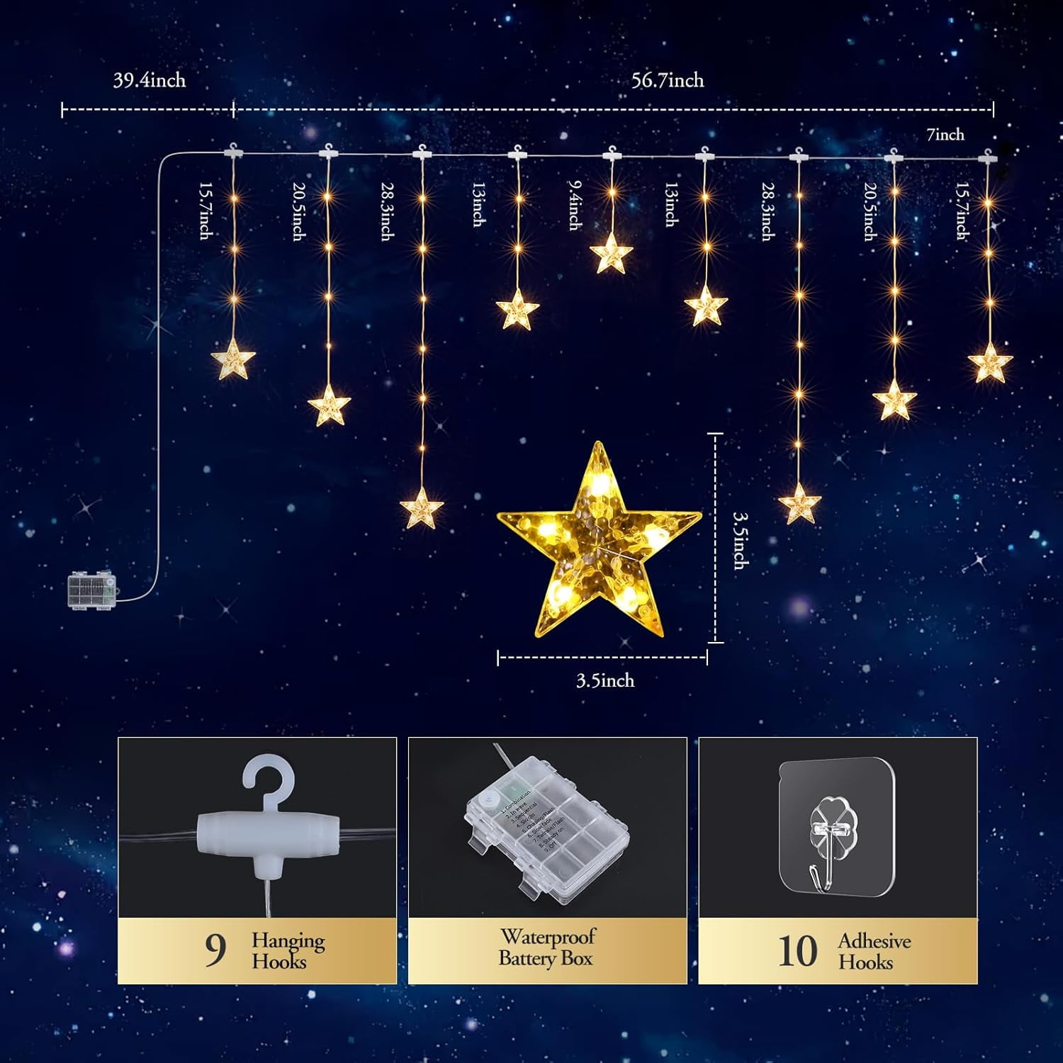 JUNXIAO-Star Christmas Window Lights, 76 LEDs 9 Stars Curtain Lights ...