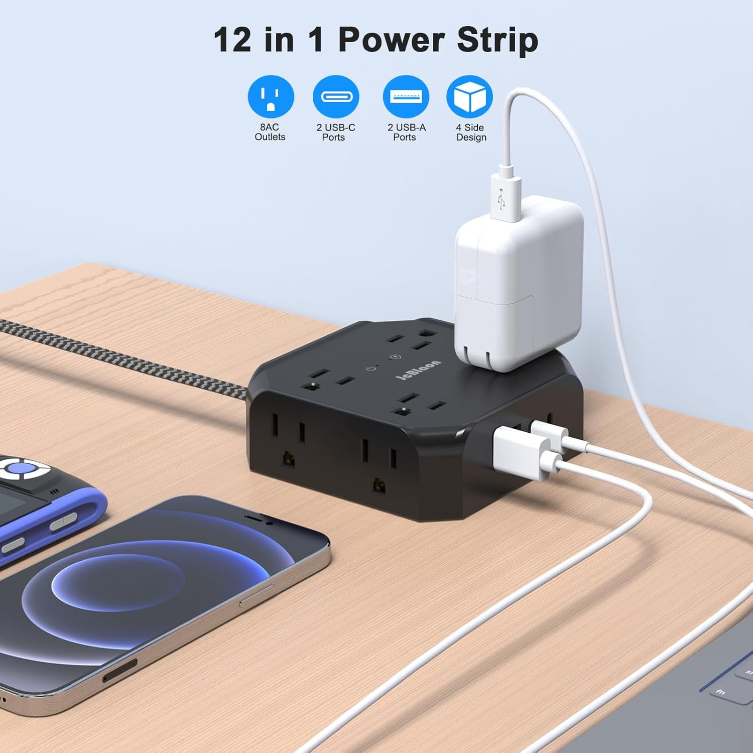 JUNXIAO-Surge Protector Power Strip-15 Ft Flat Plug Extension Cord with ...