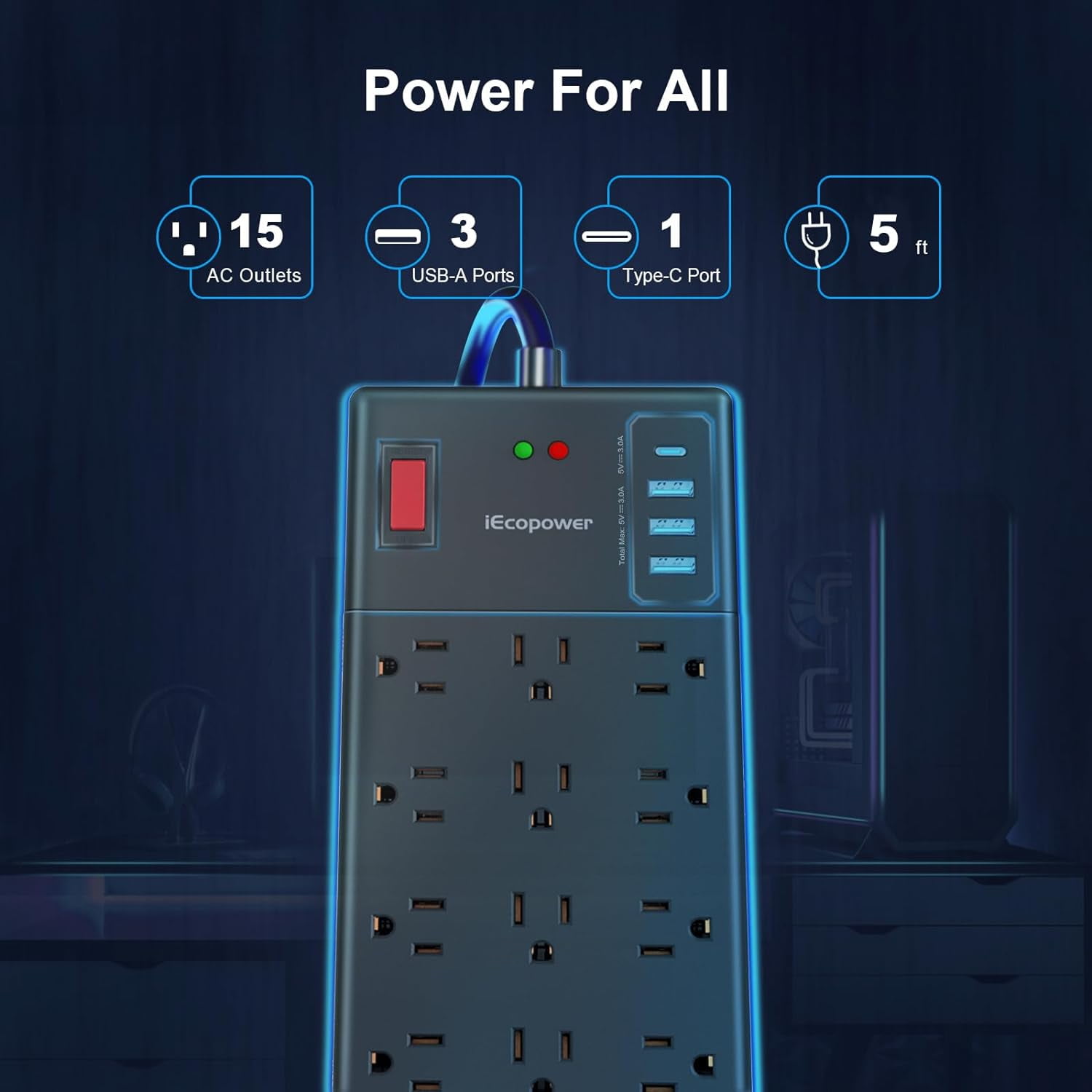 JUNXIAO-Surge Protector Power Strip-15 Widely Spaced Outlets and 4 USB ...