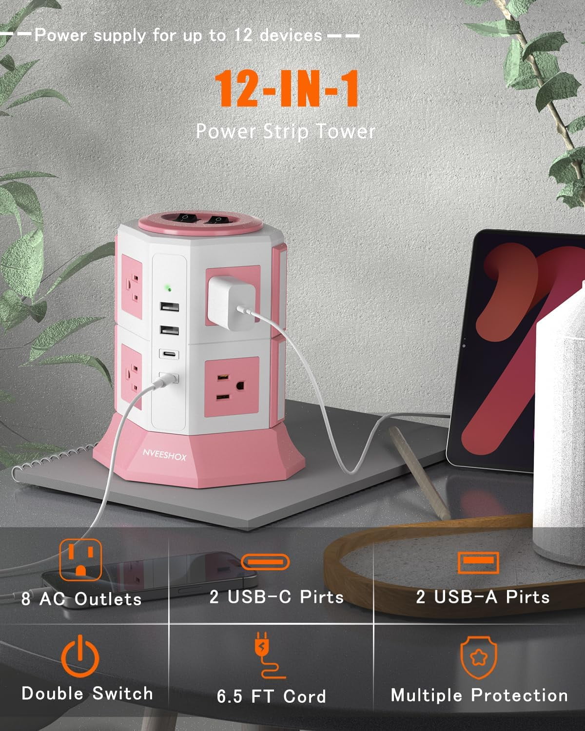 JUNXIAO-Surge Protector Power Strip Tower, 10 Feet Ultra Flat Extension ...