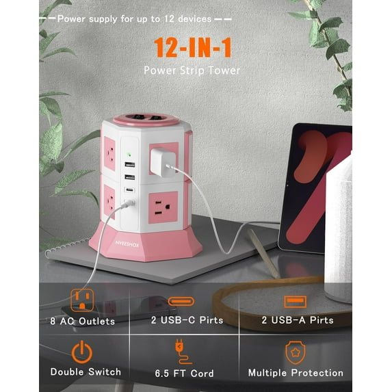 JUNXIAO-Surge Protector Power Strip Tower, 10 Feet Ultra Flat Extension ...