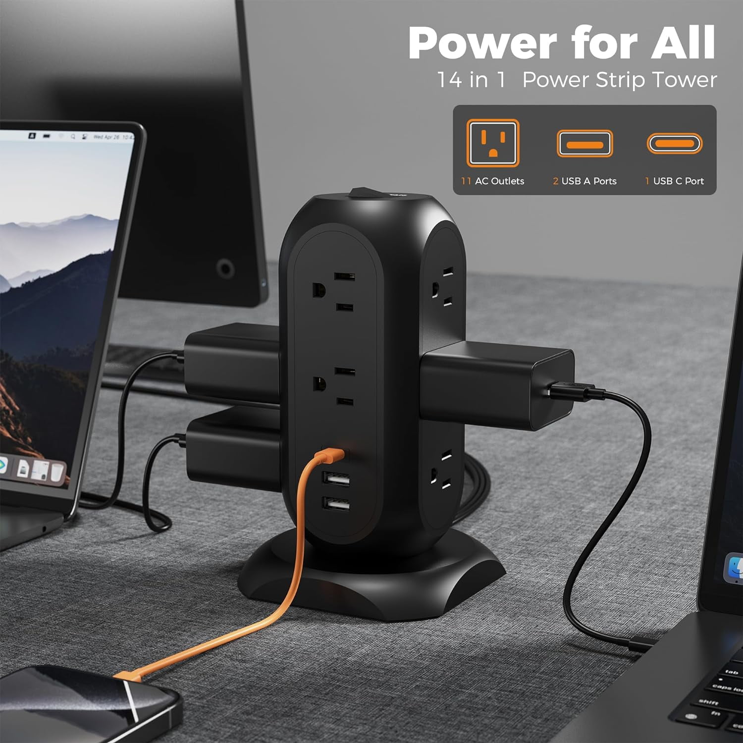 JUNXIAO-Surge Protector Power Strip Tower with 3 USB Ports 11 Outlets ...