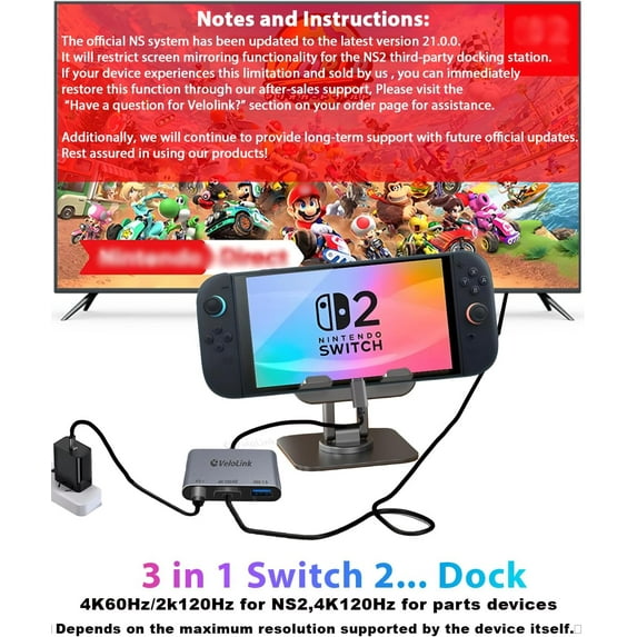 JUNXIAO-Switch 2 Dock Station with PD+4K HDMI 2.1+ USB A, Switch 2 Portable Dock for Nintendo ...