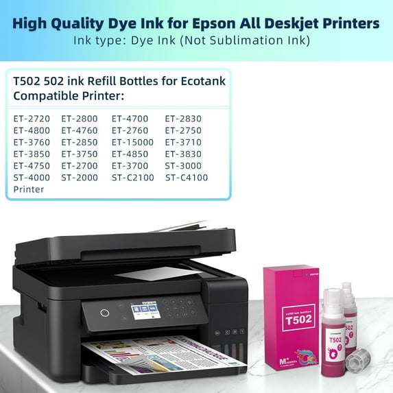 JUNXIAO-T502 502 Ink Refill Bottles Magenta for EcoTank ET-4760 ET-2760 ...