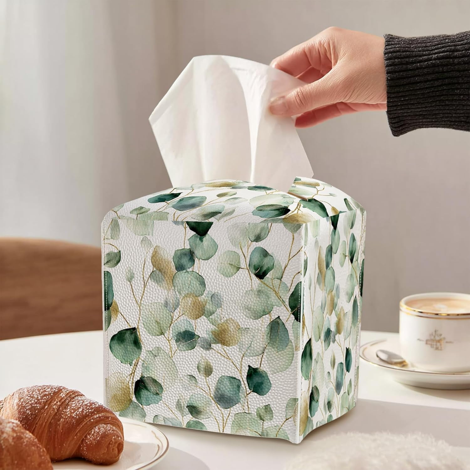 JUNXIAO-Tissue Box Cover - Eucalyptus Leaves PU Leather Tissue Box ...