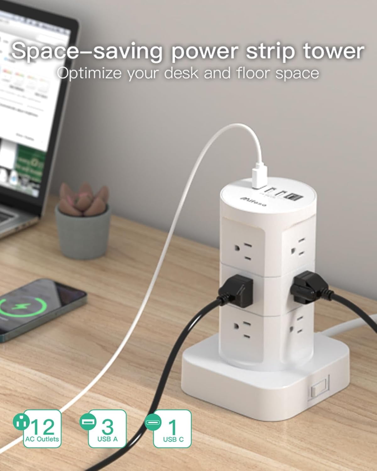 JUNXIAO-Tower Surge Protector Power Strip with 12 Outlets 4 USB (1 USB ...