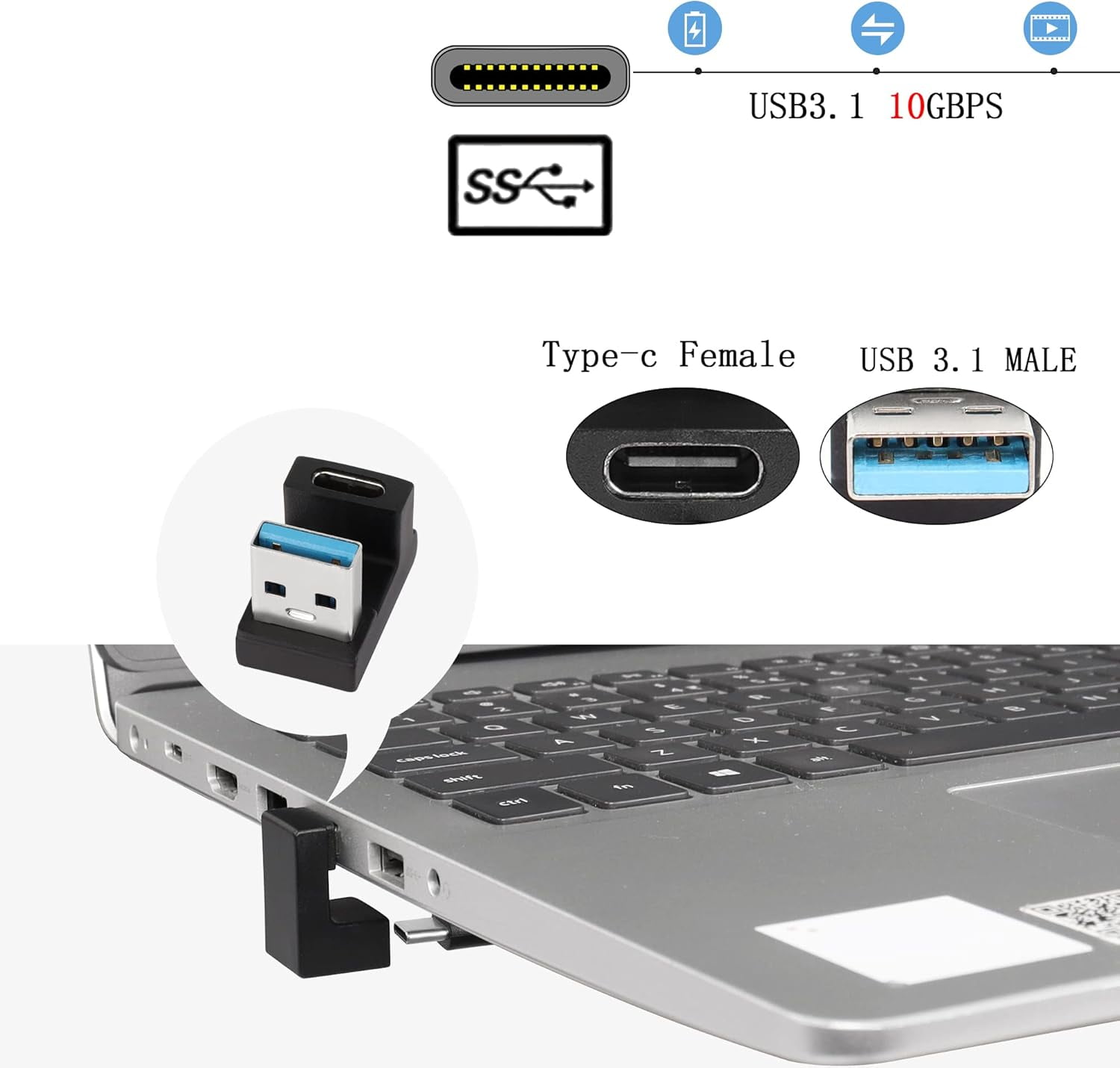 JUNXIAO-U-Shape USB 3.1 to USB C Adapter 180 Degree USB A3.1 Male to ...