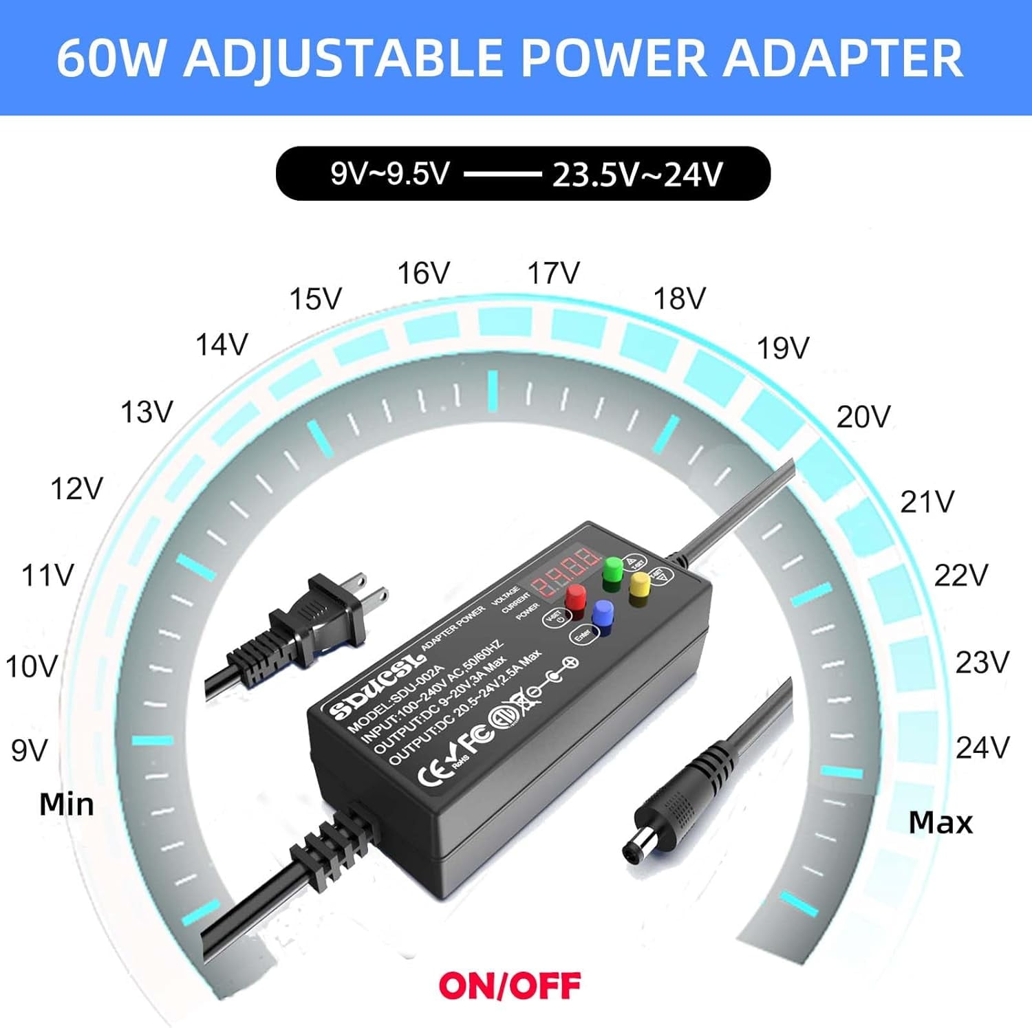 JUNXIAO-UL-Adjustable DC Power Supply 3A 100-240V Input, 5V/9V/12V/15V/18V/20V/24V Output, 4 ...