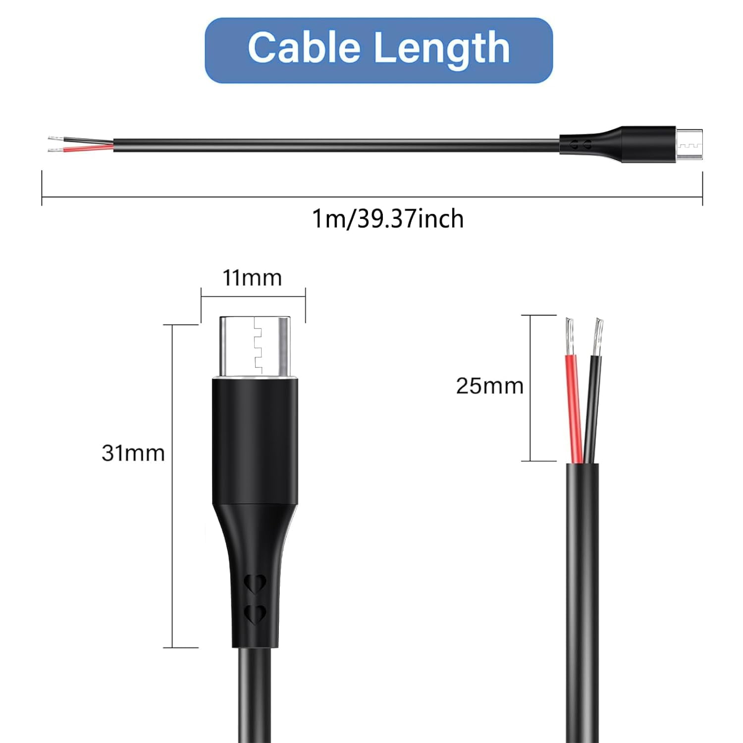 JUNXIAO-USB C Pigtail Cable - 5PCS USB C to 2 Pin Bare Wire 22AWG Power ...