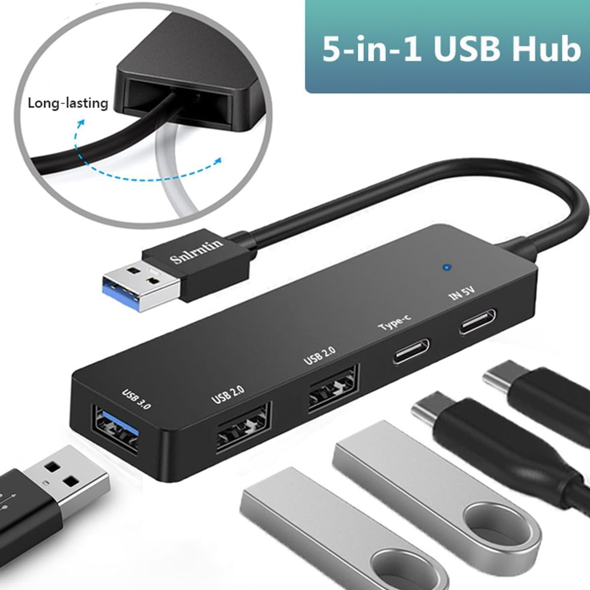 JUNXIAO-USB Hub 5 Ports, Multi-Port Hub with USB 3.0, USB A Splitter ...