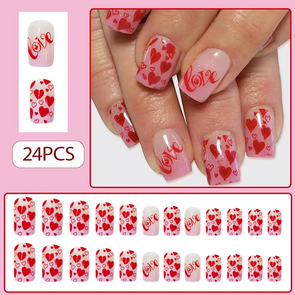 JUNXIAO-Valentines Press On Nails Short Square, Valentines Fake Nails ...
