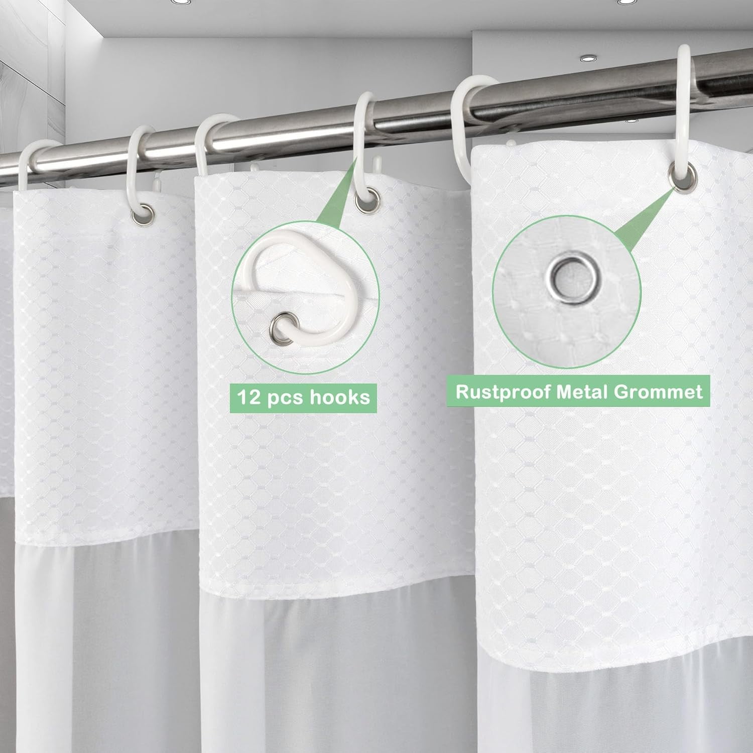 JUNXIAO-Waffle Weave Fabric Shower Curtain with Mesh Window, Heavy Duty ...