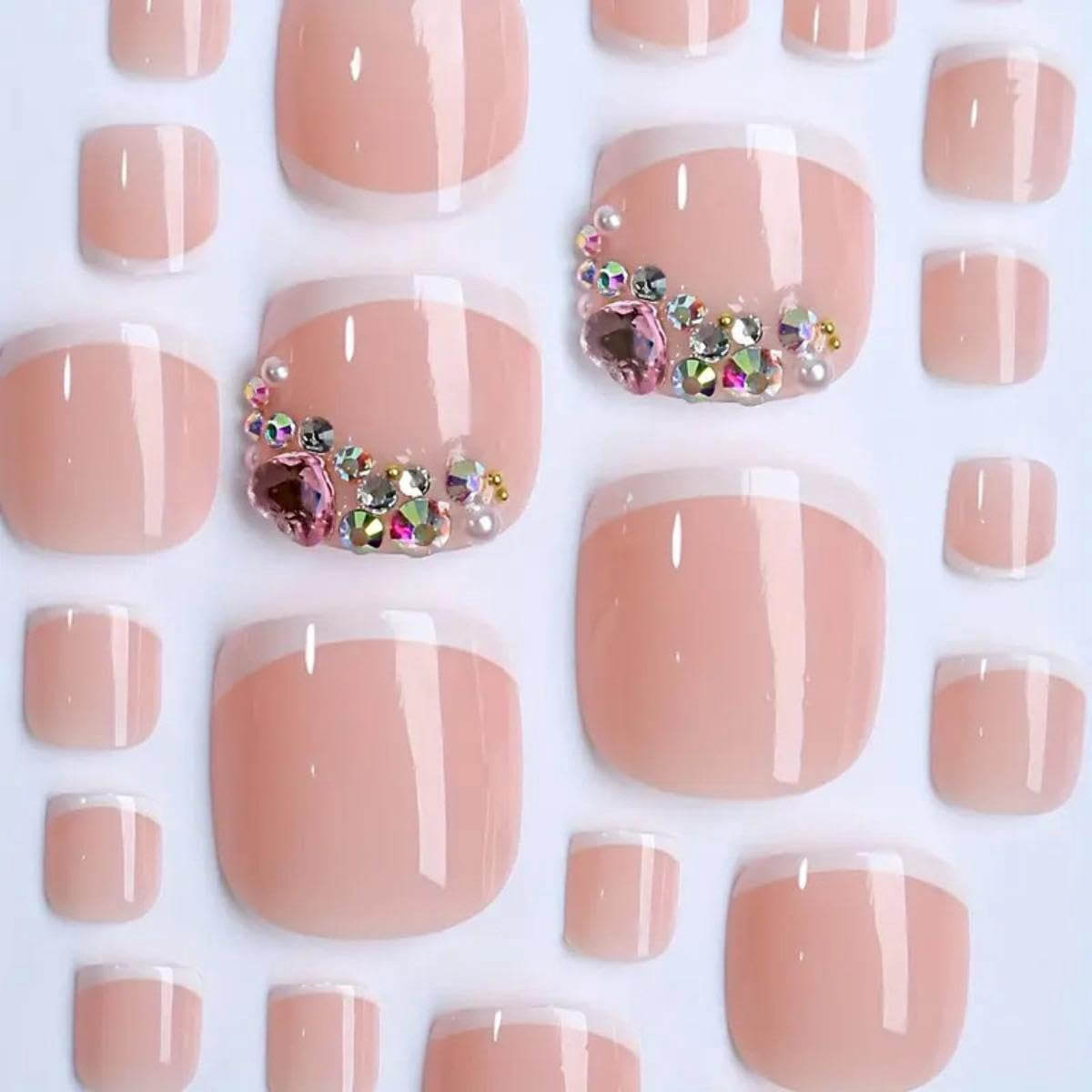JUNXIAO-White French Tip Press On Toenails Short Square Fake Toes with ...