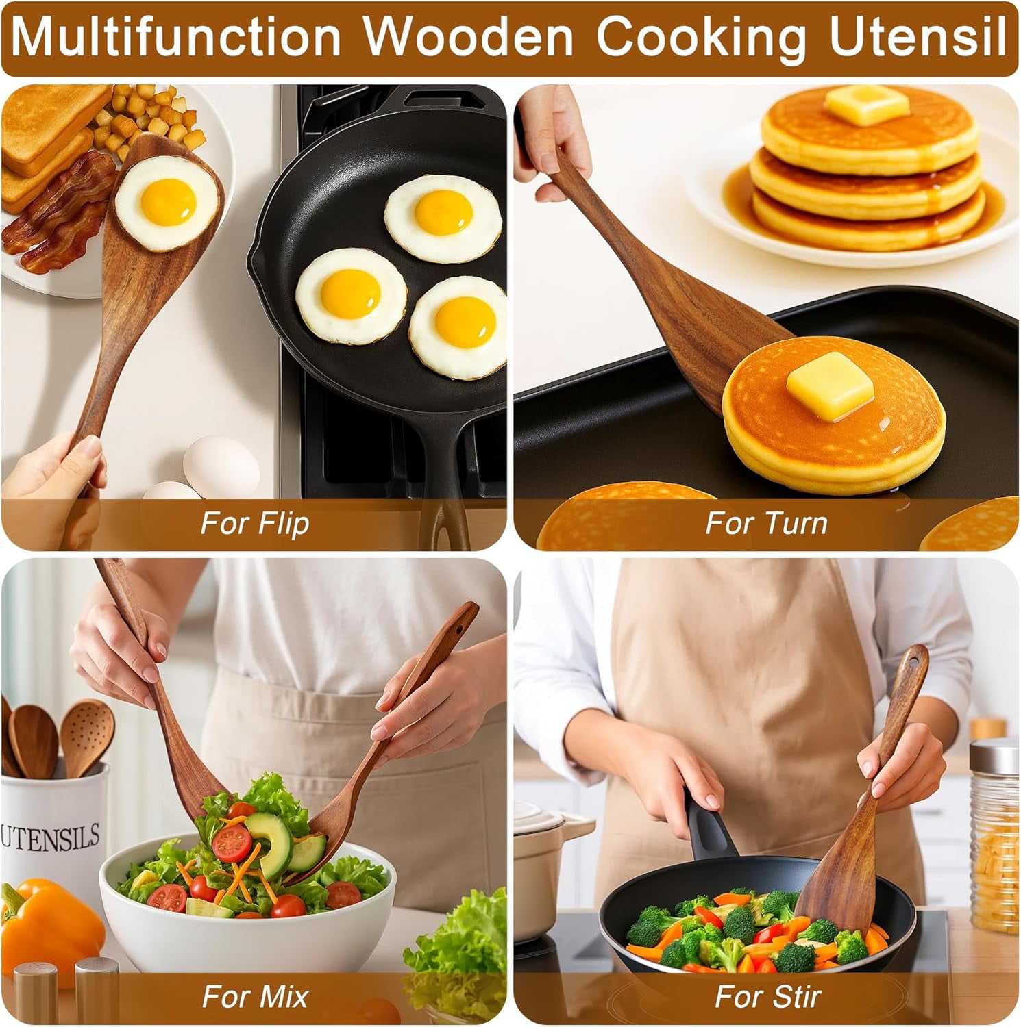 JUNXIAO-Wooden Spatula Nonstick Turner Acacia Wood, Left Long Handle ...