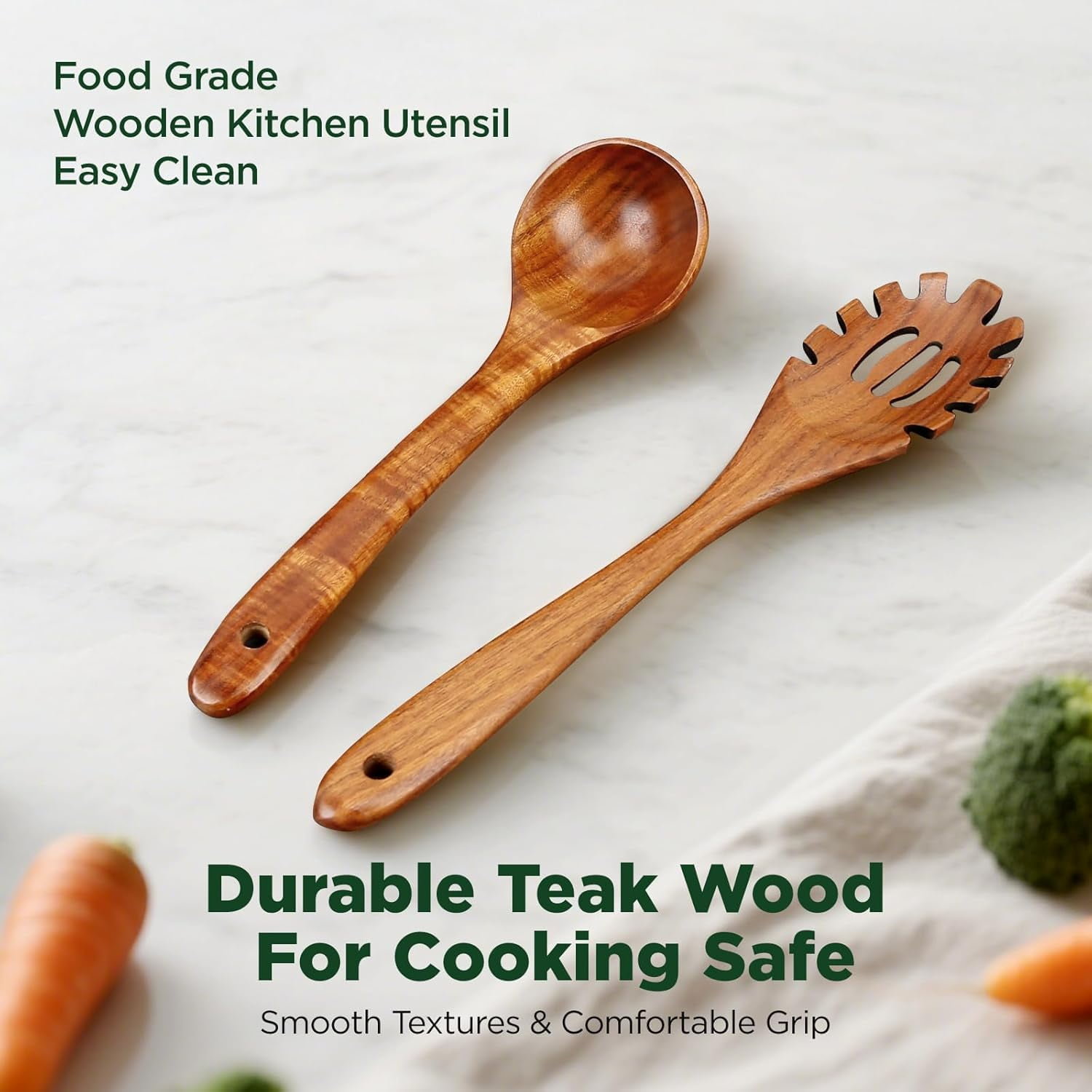 JUNXIAO-Wooden Spoons for Cooking, Teak Wood Kitchen Utensil Set, Large ...