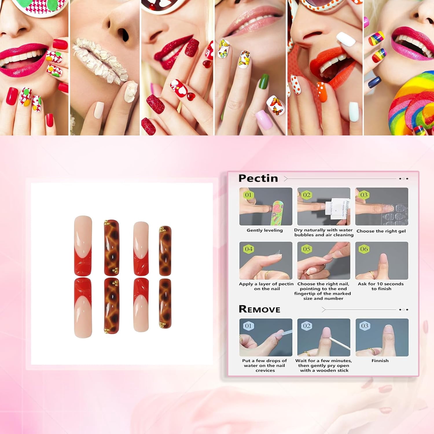 JUNXIAO-xl Square Press on Nails Long French Tip Fake Nails 3D Golden ...