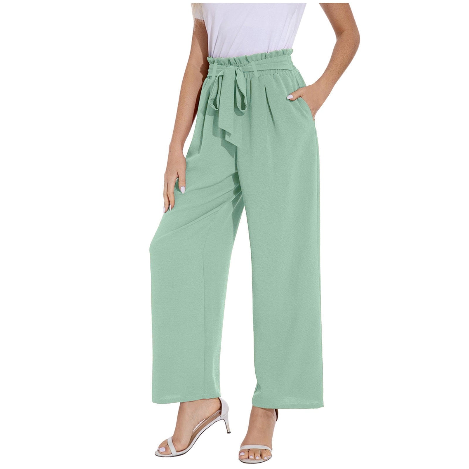 JUNYUI Women's Solid Color High Waist Wide Leg Loose Lace up Casual ...