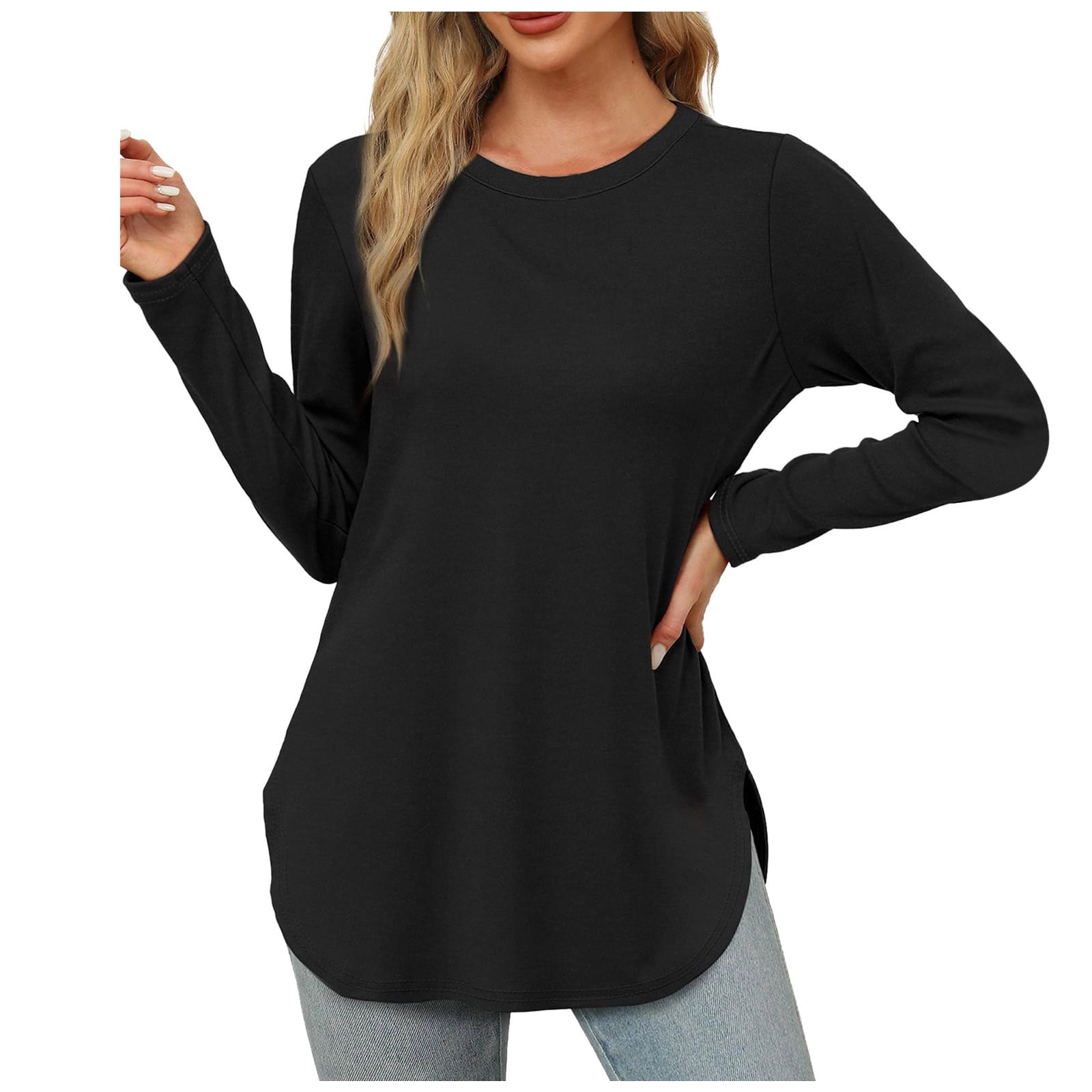 JUNYUI Womens Long Sleeve Round Neck Shirts Side Split Basic Loose ...
