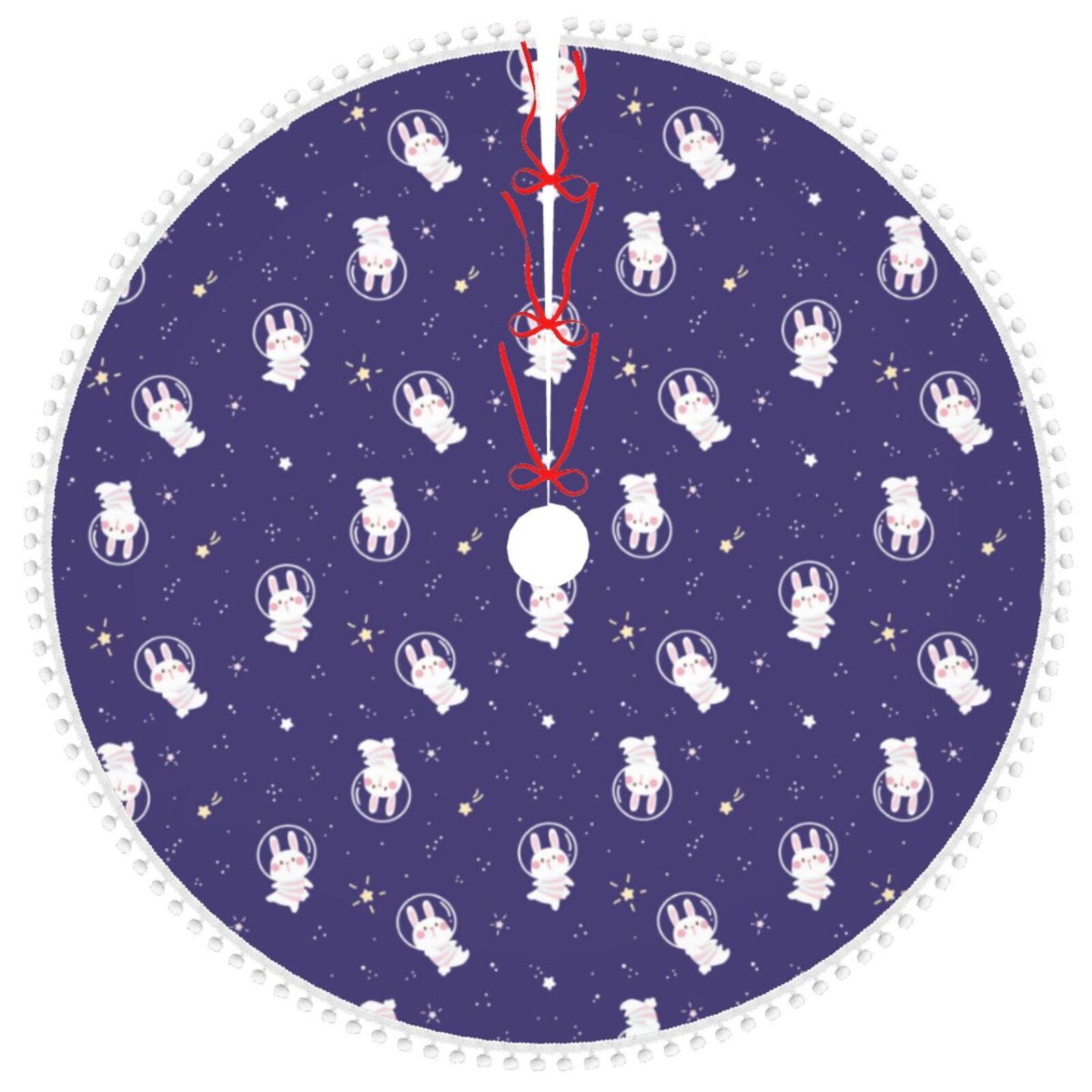 JUNZAN 48" Astronaut Rabbit White Christmas Tree Skirt with Fluffy Pom ...