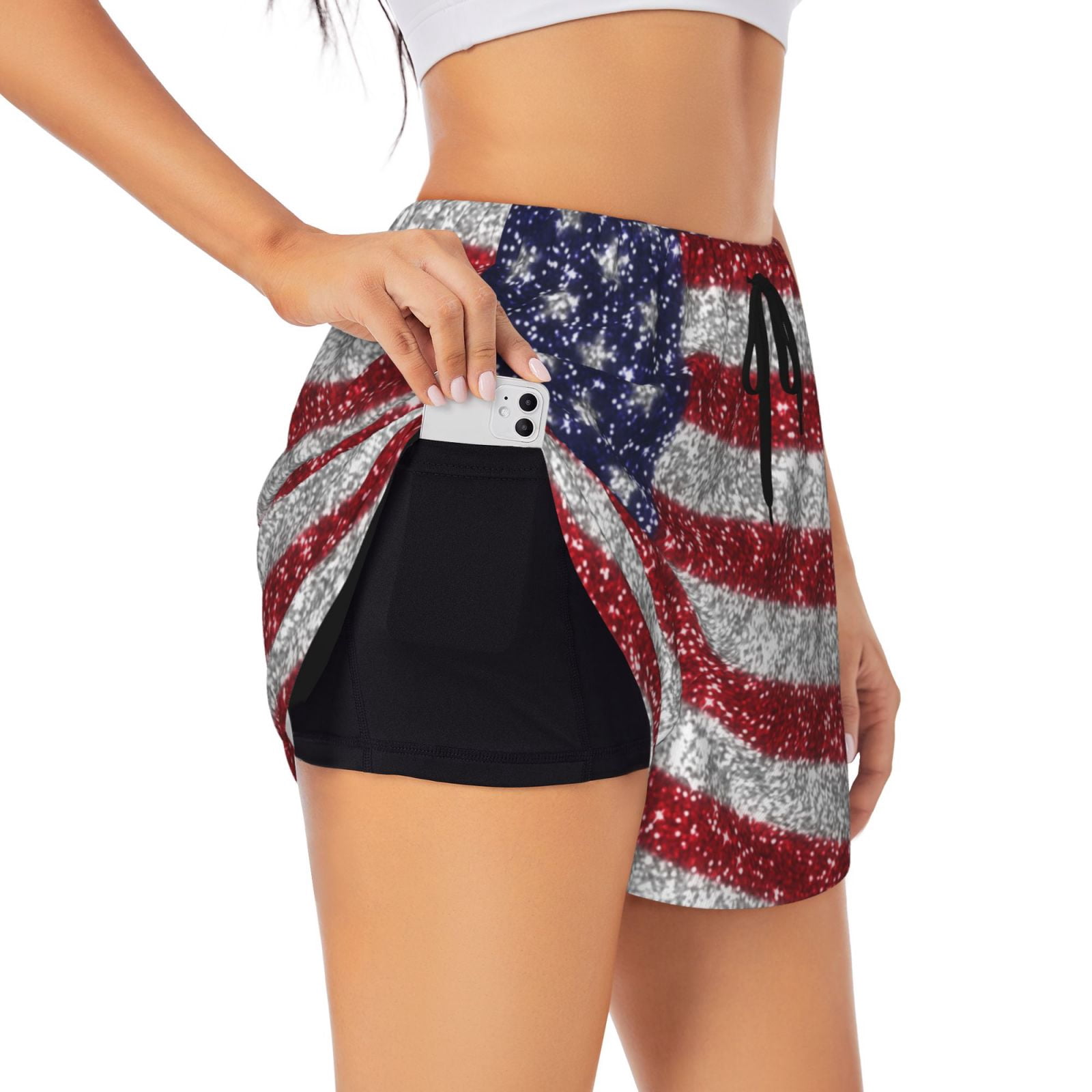 JUNZAN America Flag Glitter Print Women's Athletic Gym Running Shorts ...