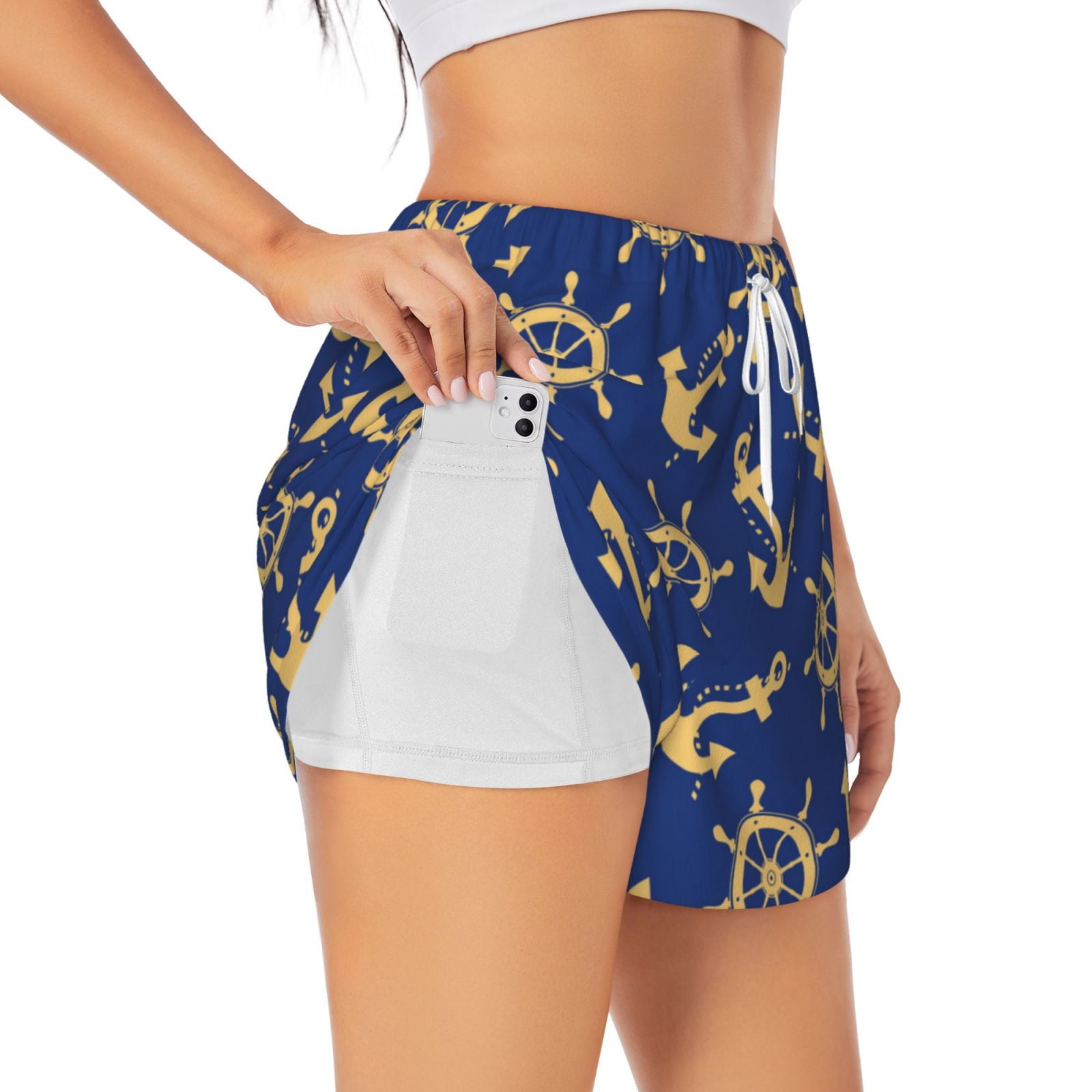 JUNZAN Anchors and Nautical Print Women's Athletic Gym Running Shorts ...
