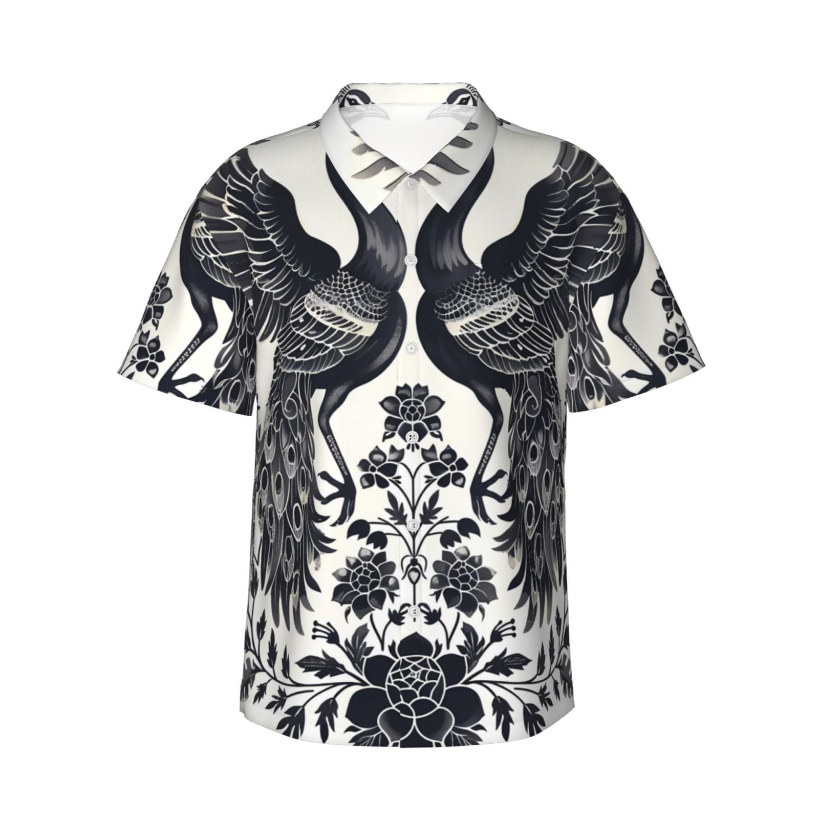 JUNZAN Artistic Black White Peacocks Pattern Hawaiian Shirt for Men ...