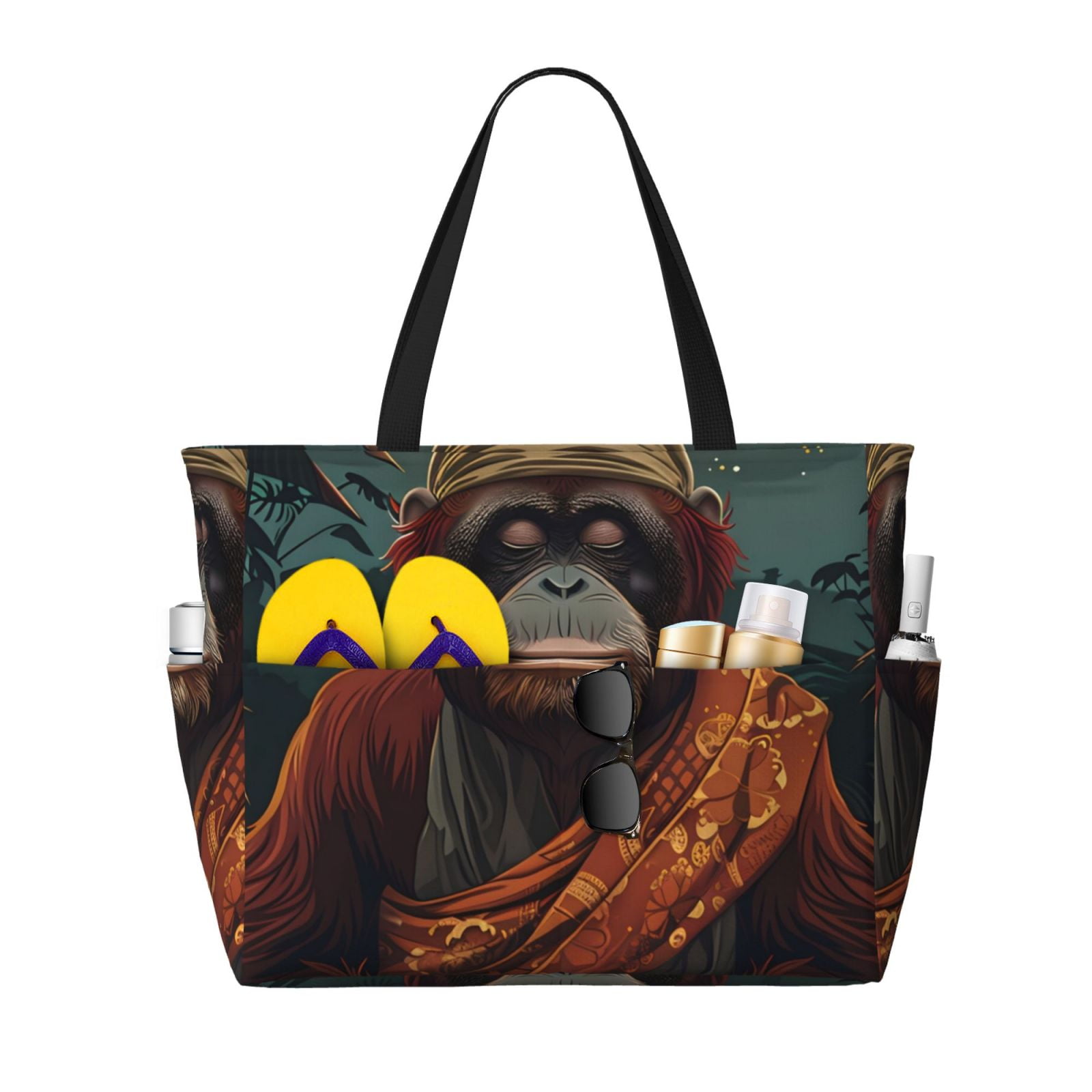 JUNZAN Banana Leaf Meditating Gorilla Pattern Women's Large Beach Bag ...