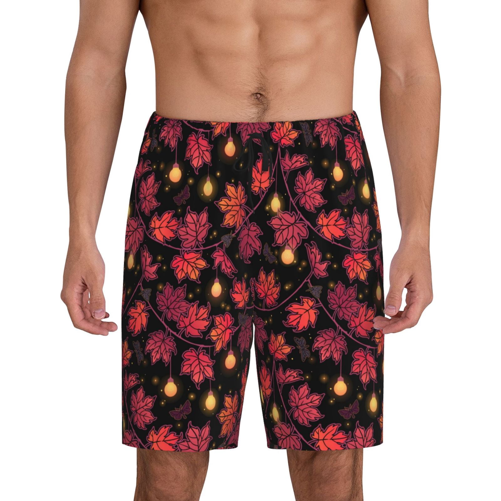 JUNZAN Beautiful Maple Leaf Lantern Pattern Sleep Pajama Shorts for Men ...