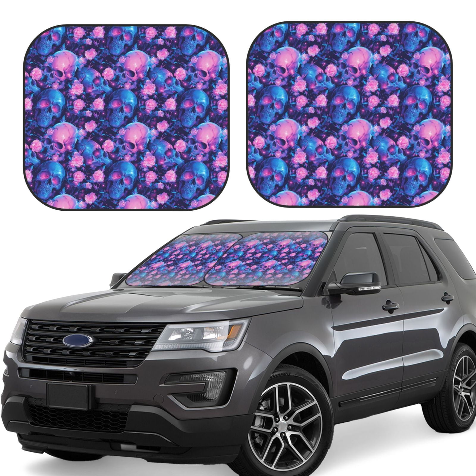 JUNZAN Blue Skull Rose Pattern Car Windshield Sun Shade | Reflective ...