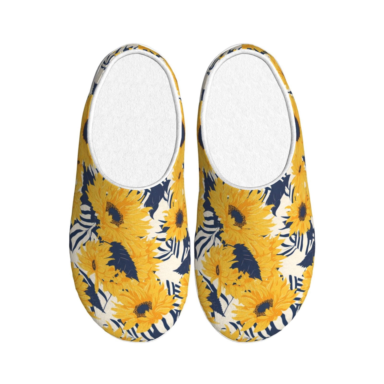 JUNZAN Blue Striped Sunflower Print Cozy Slippers for Men& Women,Fuzzy ...