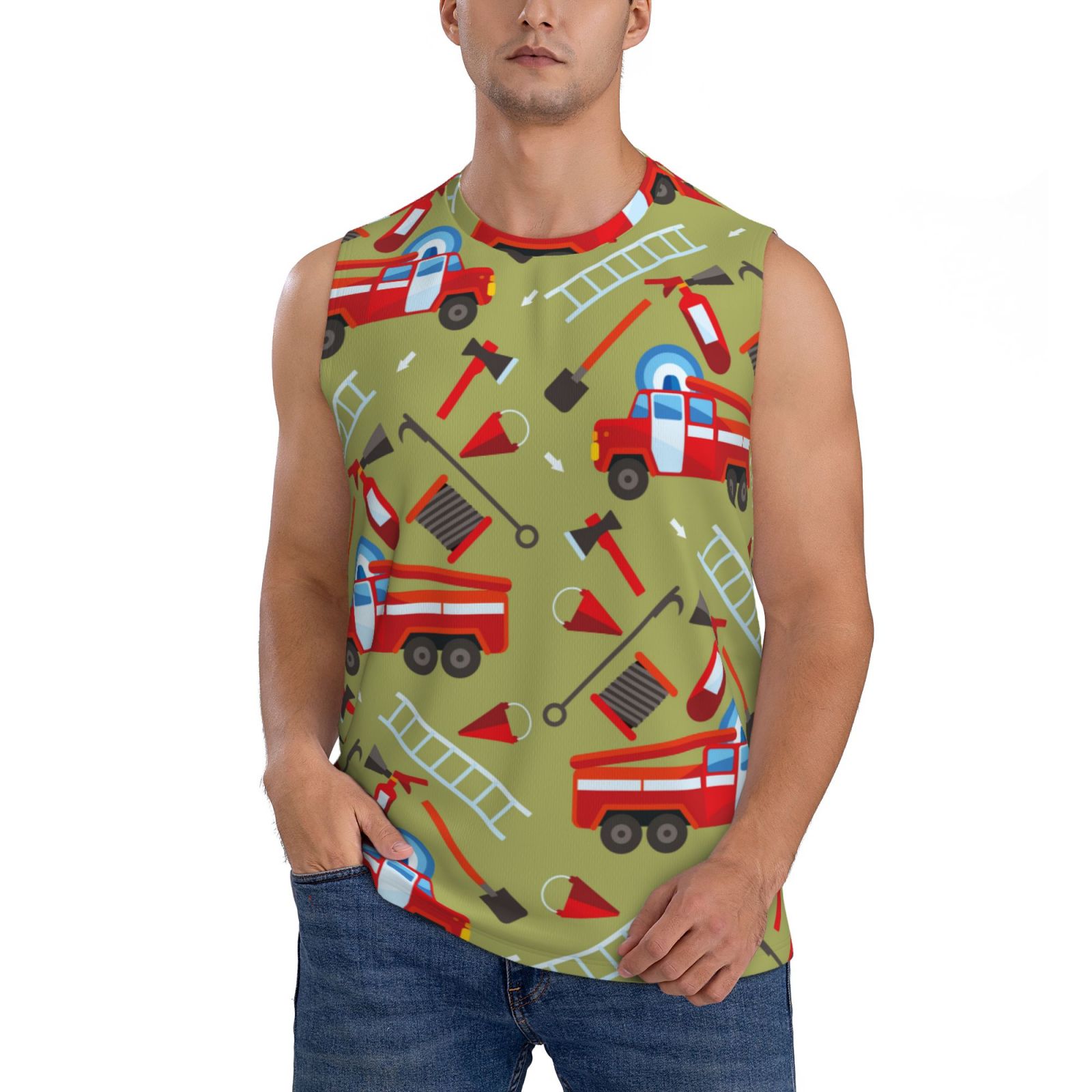 JUNZAN Cartoon Fire Truck Men's Sleeveless T Shirts,Sleeveless Muscle ...