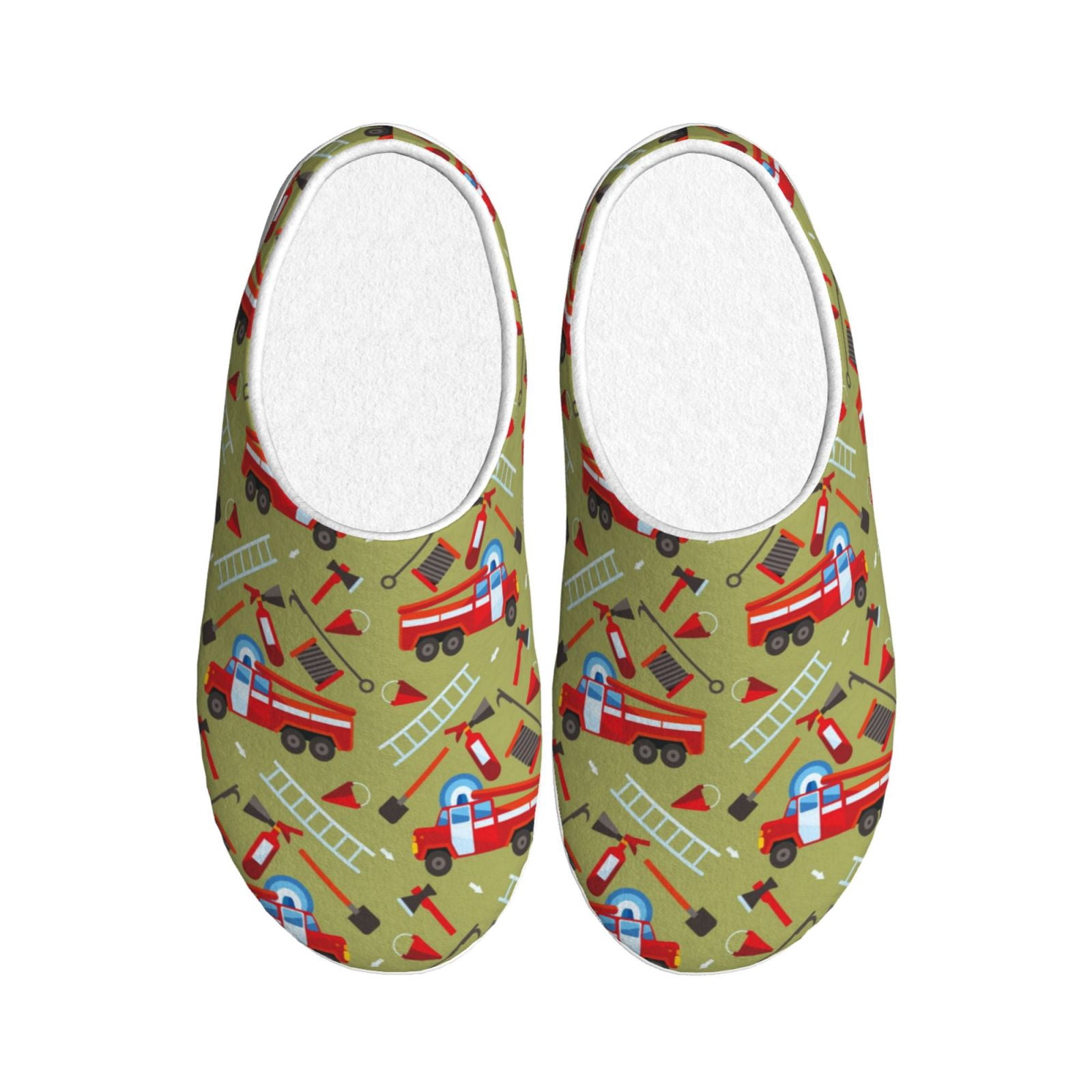 JUNZAN Cartoon Fire Truck Print Cozy Slippers for Men& Women,Fuzzy Slip ...