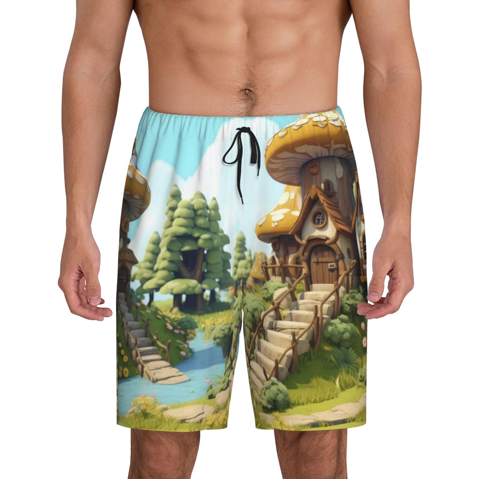 JUNZAN Cartoon Mushroom House Pattern Sleep Pajama Shorts for Men,Men's ...