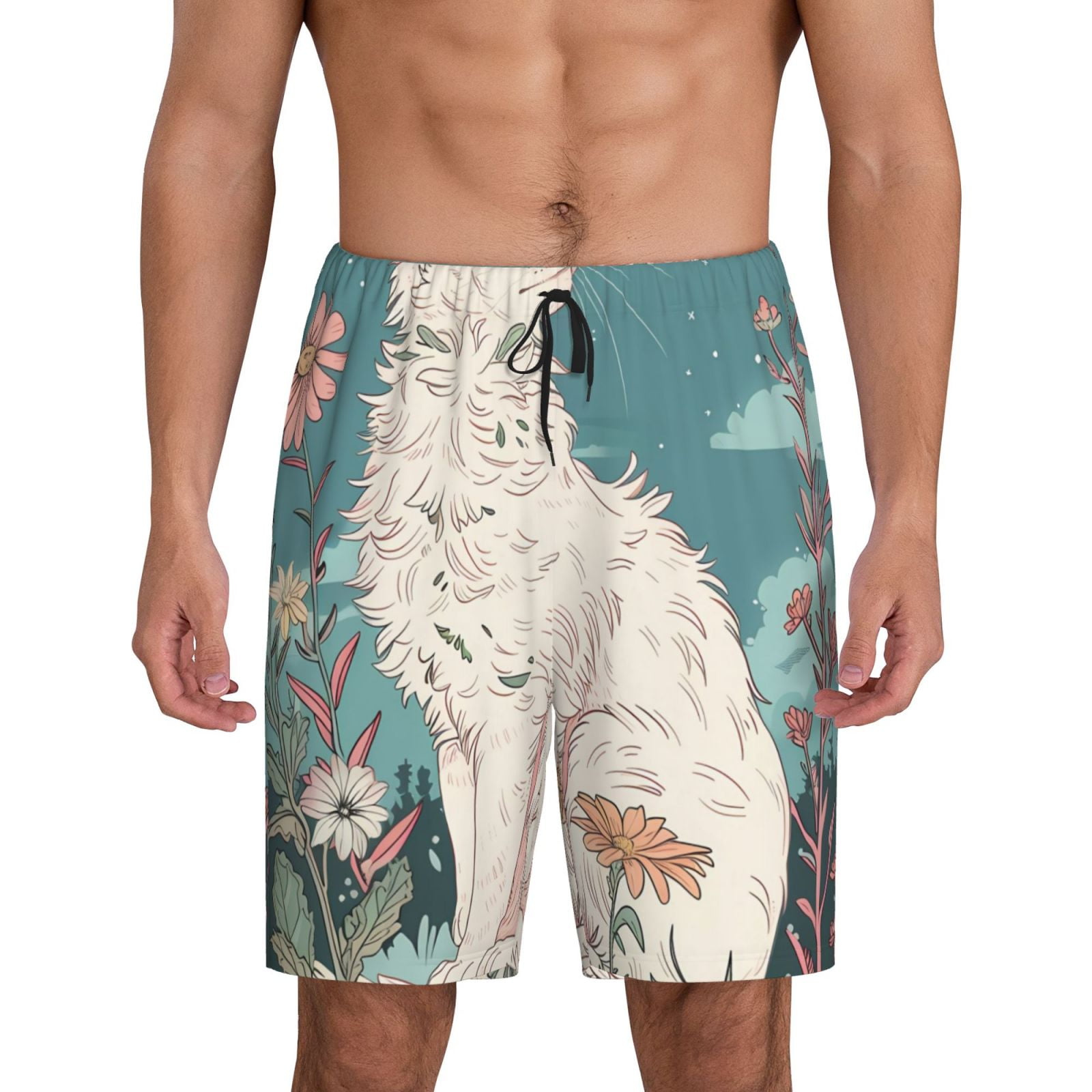 JUNZAN Celestial Cat And Flowers Pattern Sleep Pajama Shorts for Men ...