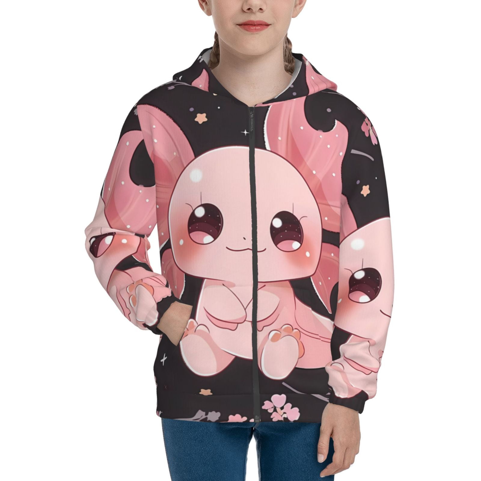 JUNZAN Chibi Axolotl Sakura Fantasy Print Kids Zip Up Hoodies Long Sleeve for Boys or Girls ...