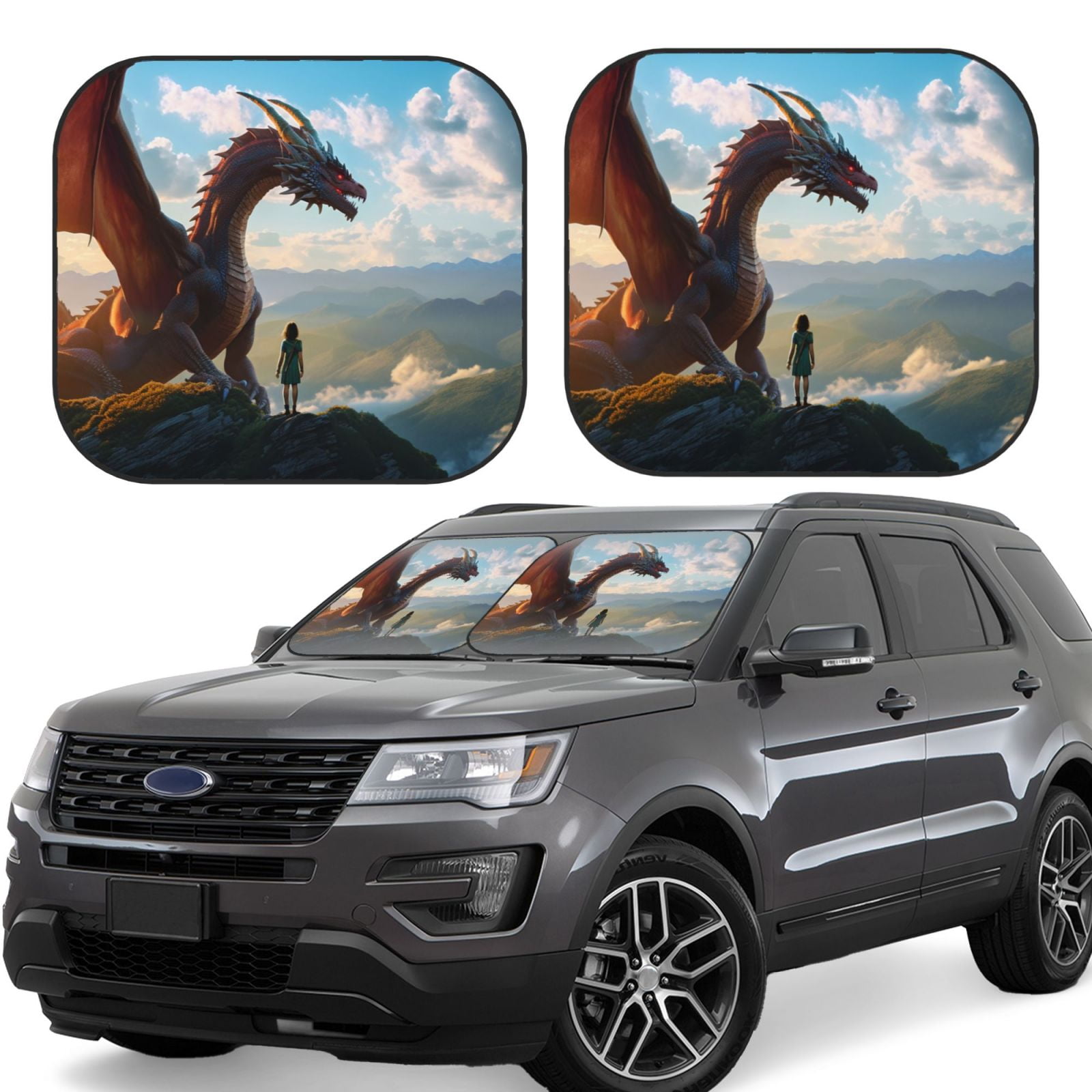 JUNZAN Clear Sky Mountain Red Dragon Pattern Car Windshield Sun Shade ...