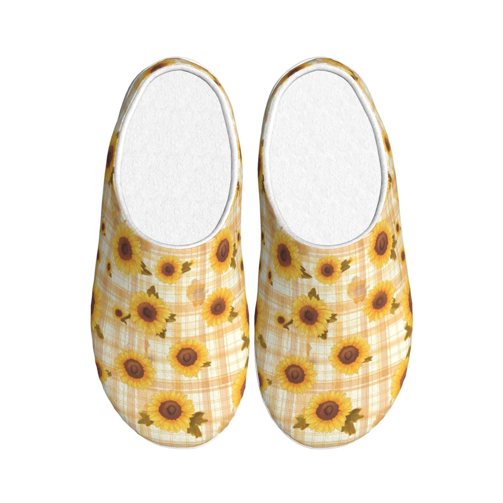 JUNZAN Coffee Plaid Sunflower Print Cozy Slippers for Men& Women,Fuzzy ...