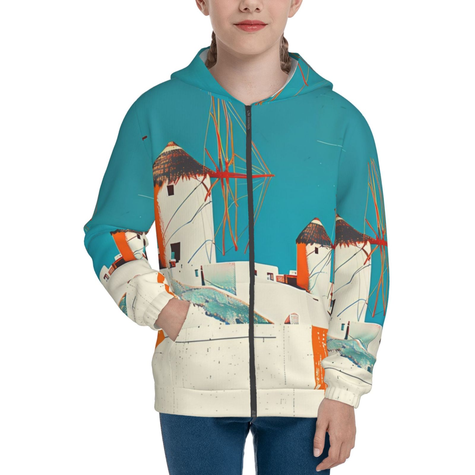 JUNZAN Colorful Greek Windmills Print Kids Zip Up Hoodies Long Sleeve ...
