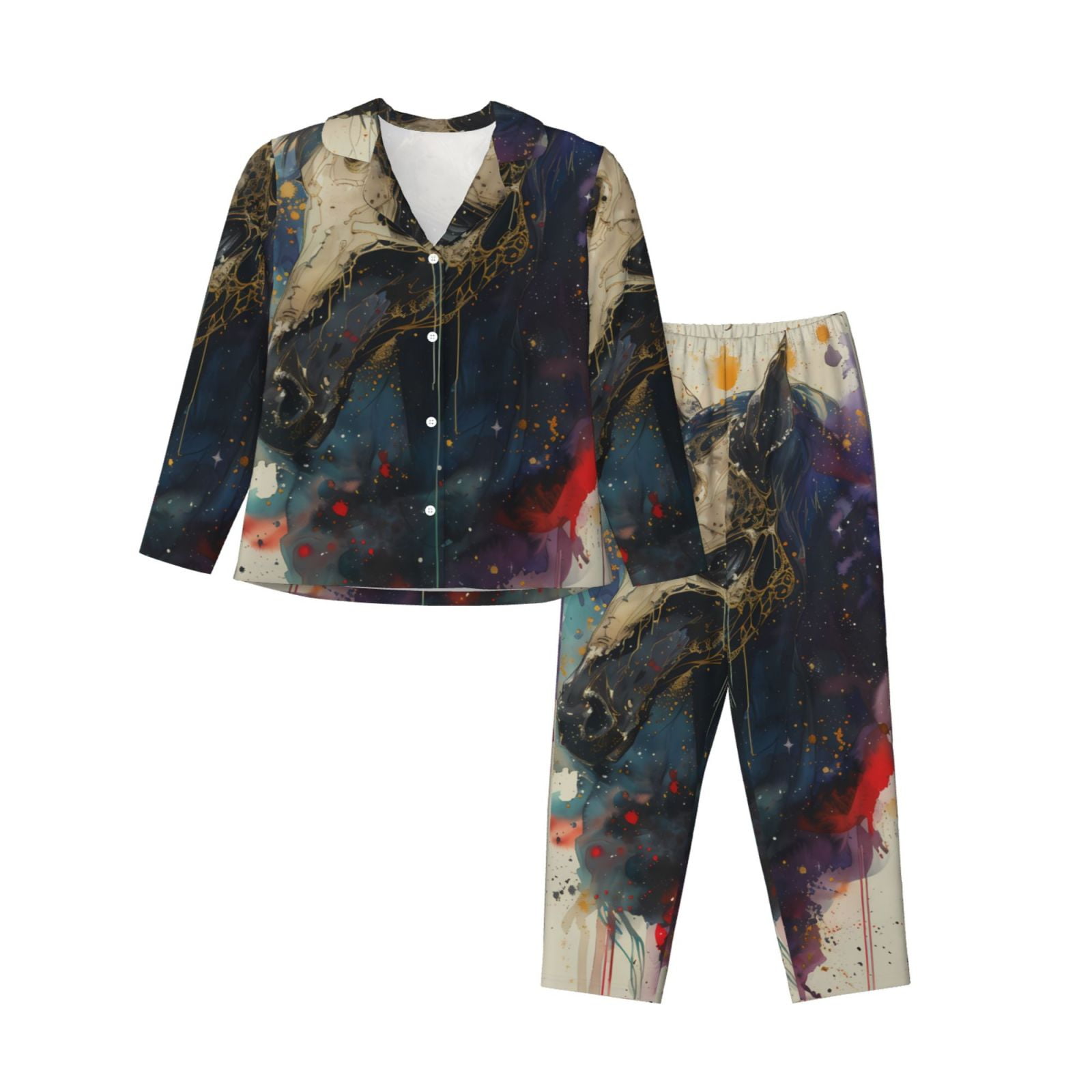 JUNZAN Colorful Ink Cute Horse Print Womens Pajama Sets,Long Sleeve ...