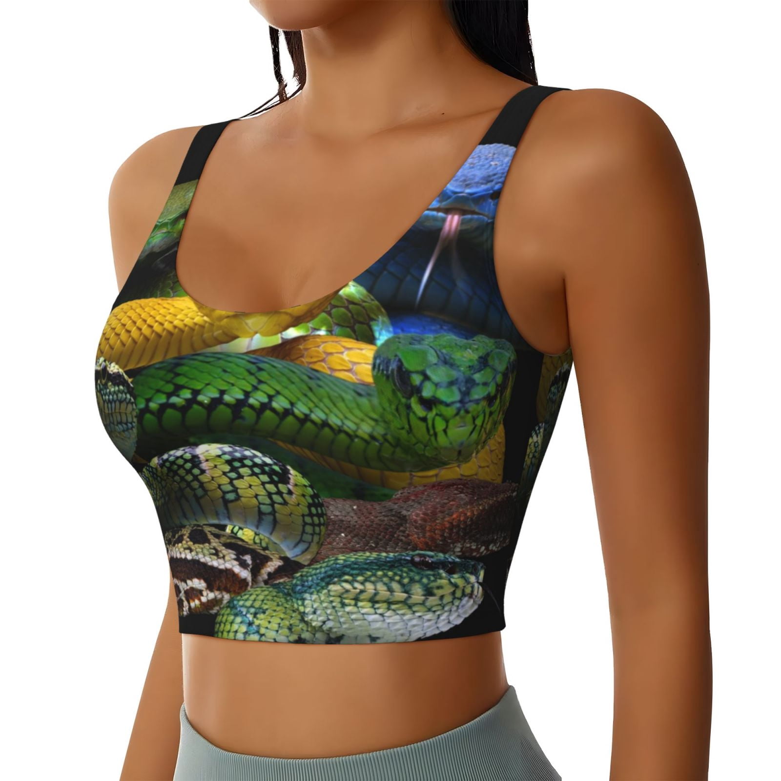 JUNZAN Colorful Viper Snake Print Women's Workout Tank Tops - U Back Fitness Top with Built-In ...