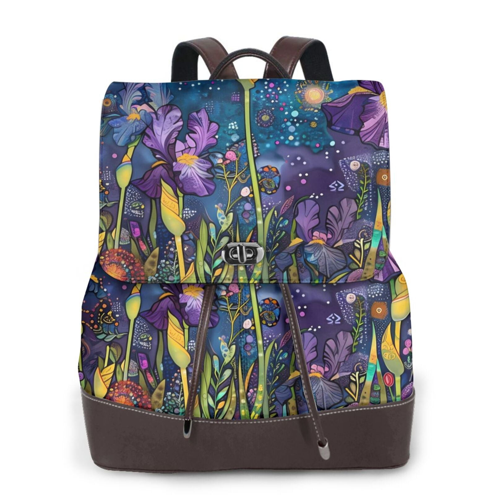 JUNZAN Cosmic Purple Irises for PU Leather Backpack,Laptop Backpack ...