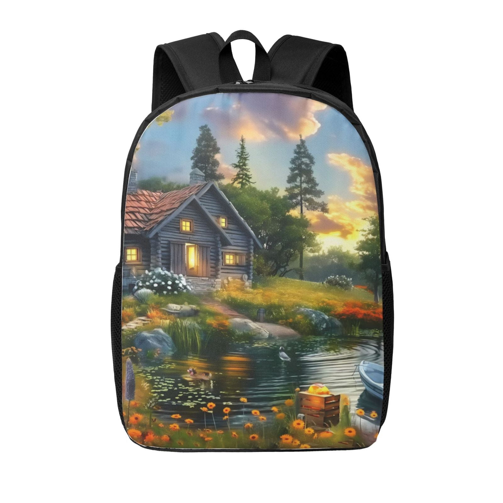 JUNZAN Cozy Cottage Lakeside Sunset Pattern Travel Laptop Backpack for ...