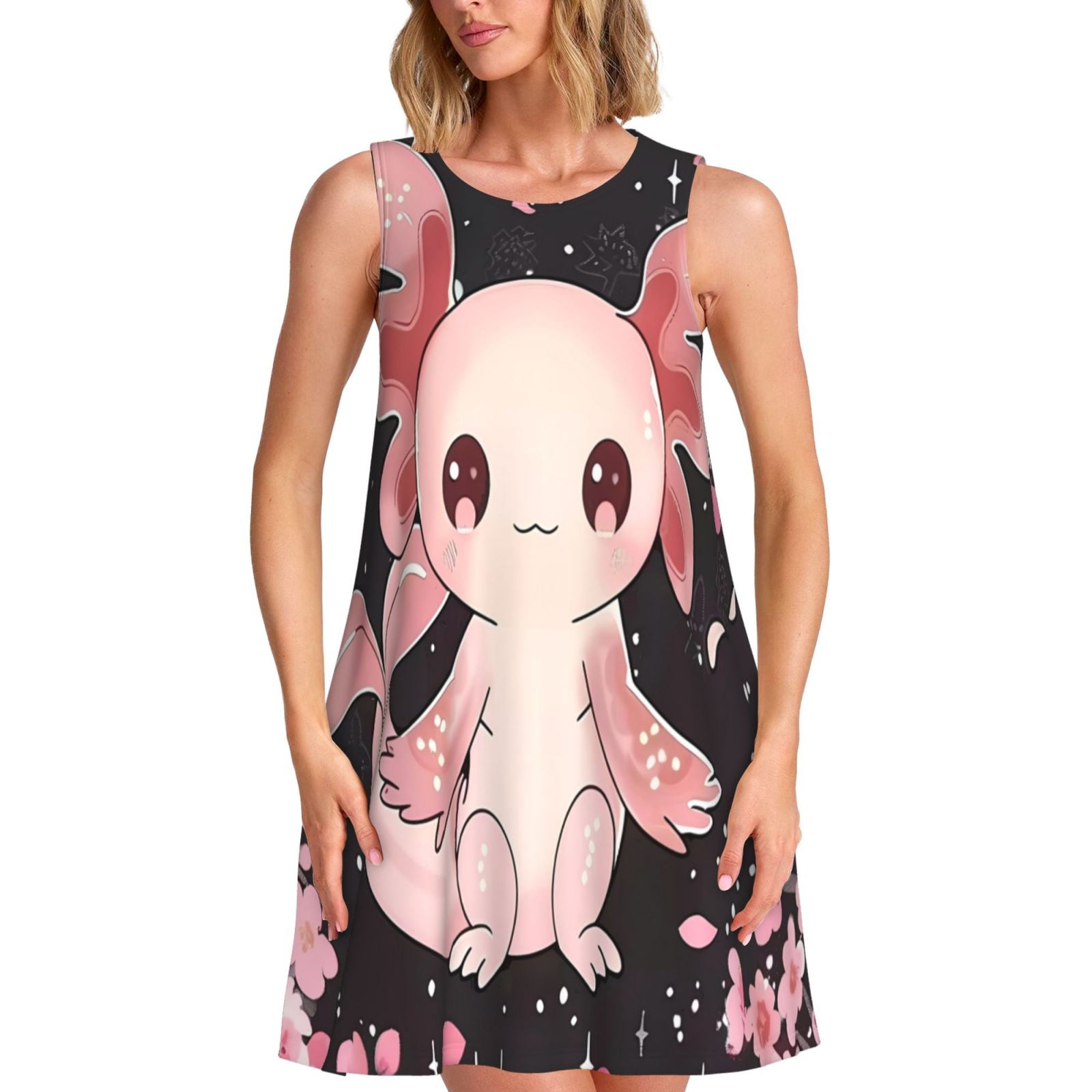 JUNZAN Cute Axolotl Sakura Blossoms Print Summer Dresses for Women 2025,Sleeveless Sundresses ...