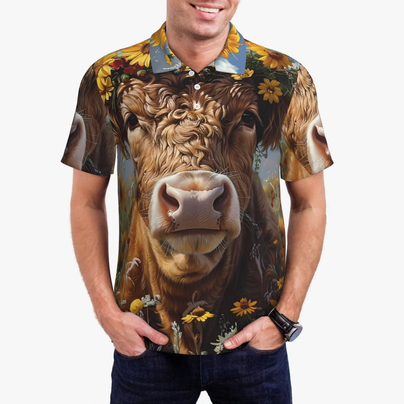 JUNZAN Cute Cow Sunflower Crown A Pattern Short Sleeve Golf Polo for ...