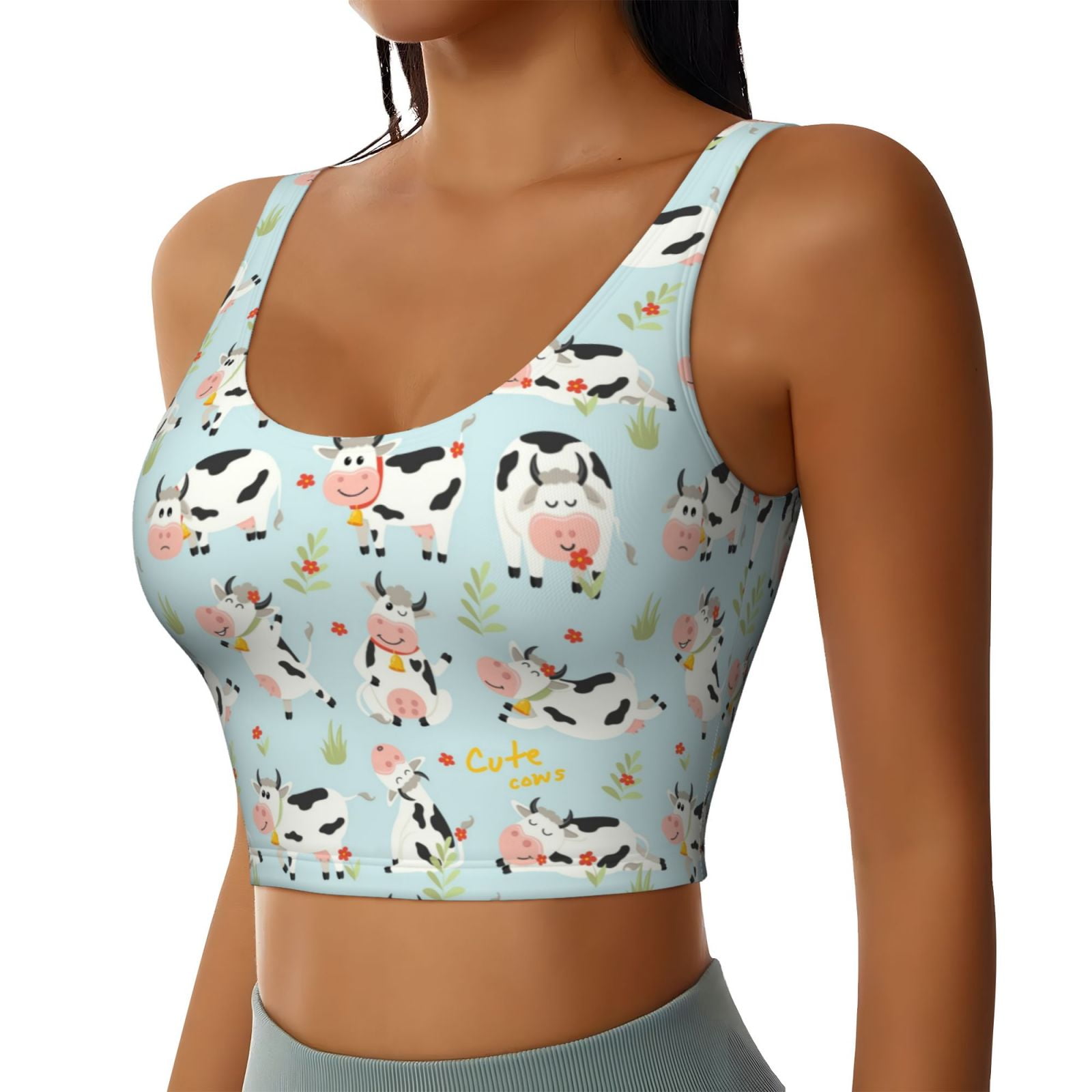 JUNZAN Cute Cows Print Women's Workout Tank Tops - U Back Fitness Top with Built-In Shelf Bra ...