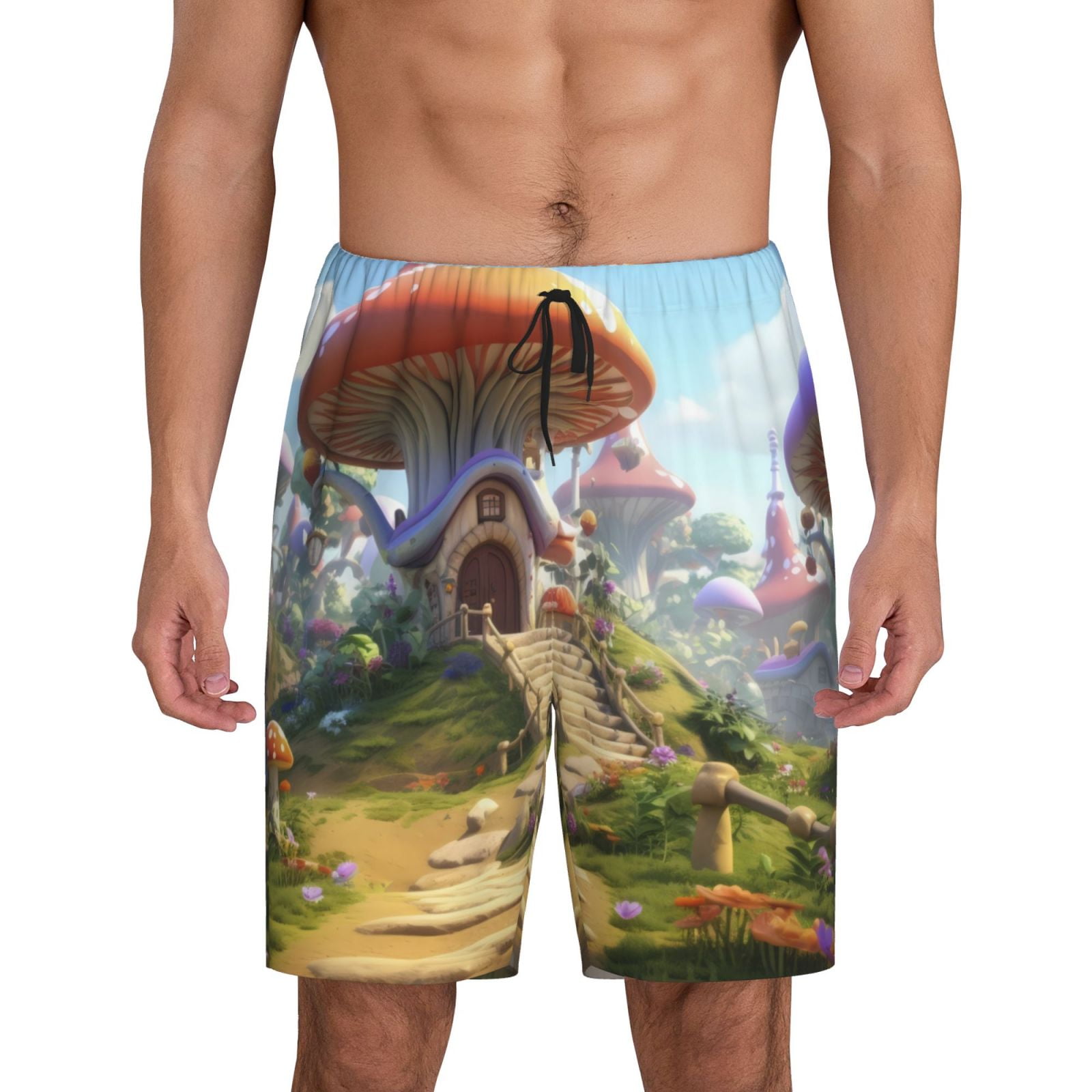 JUNZAN Cute Mushroom Town Pattern Sleep Pajama Shorts for Men,Men's Pajama Bottoms,Sleepwear,Pj ...