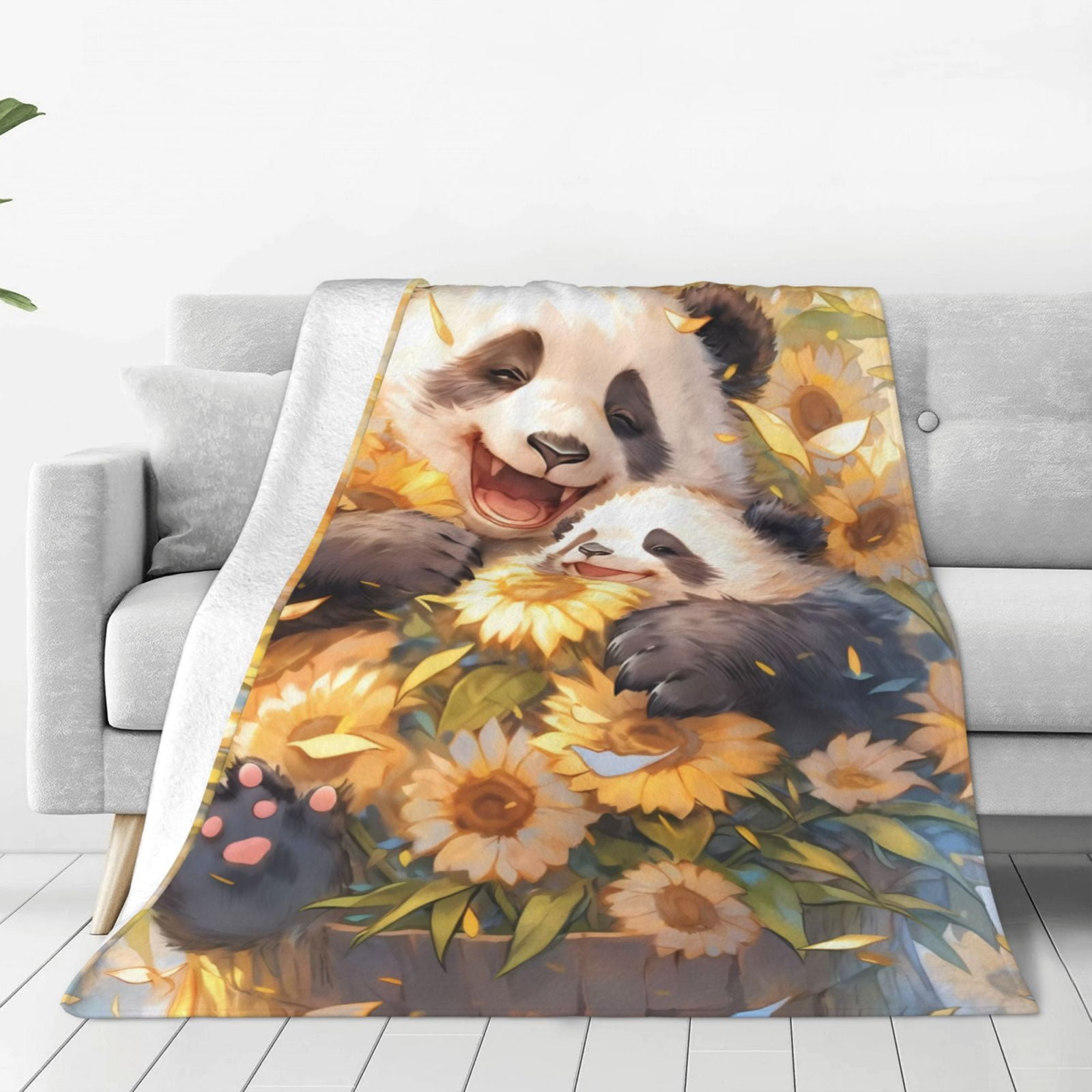 JUNZAN Cute Panda Sunflower Print Flannel Fleece Blanket Throw Blanket ...
